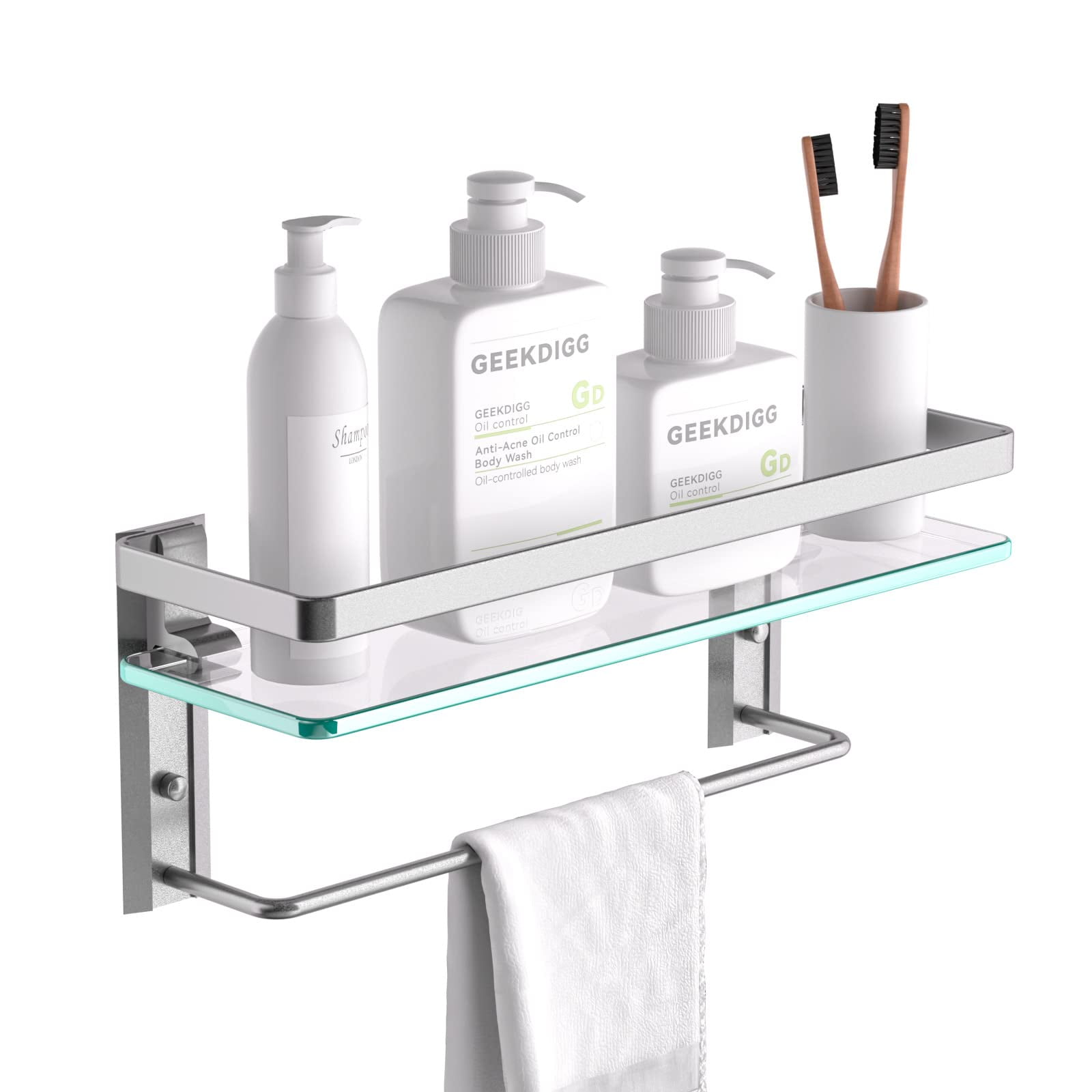 Geekdigg Bathroom Shelf With Towel Bar, Wall Mounted Glass Shower Rack ...