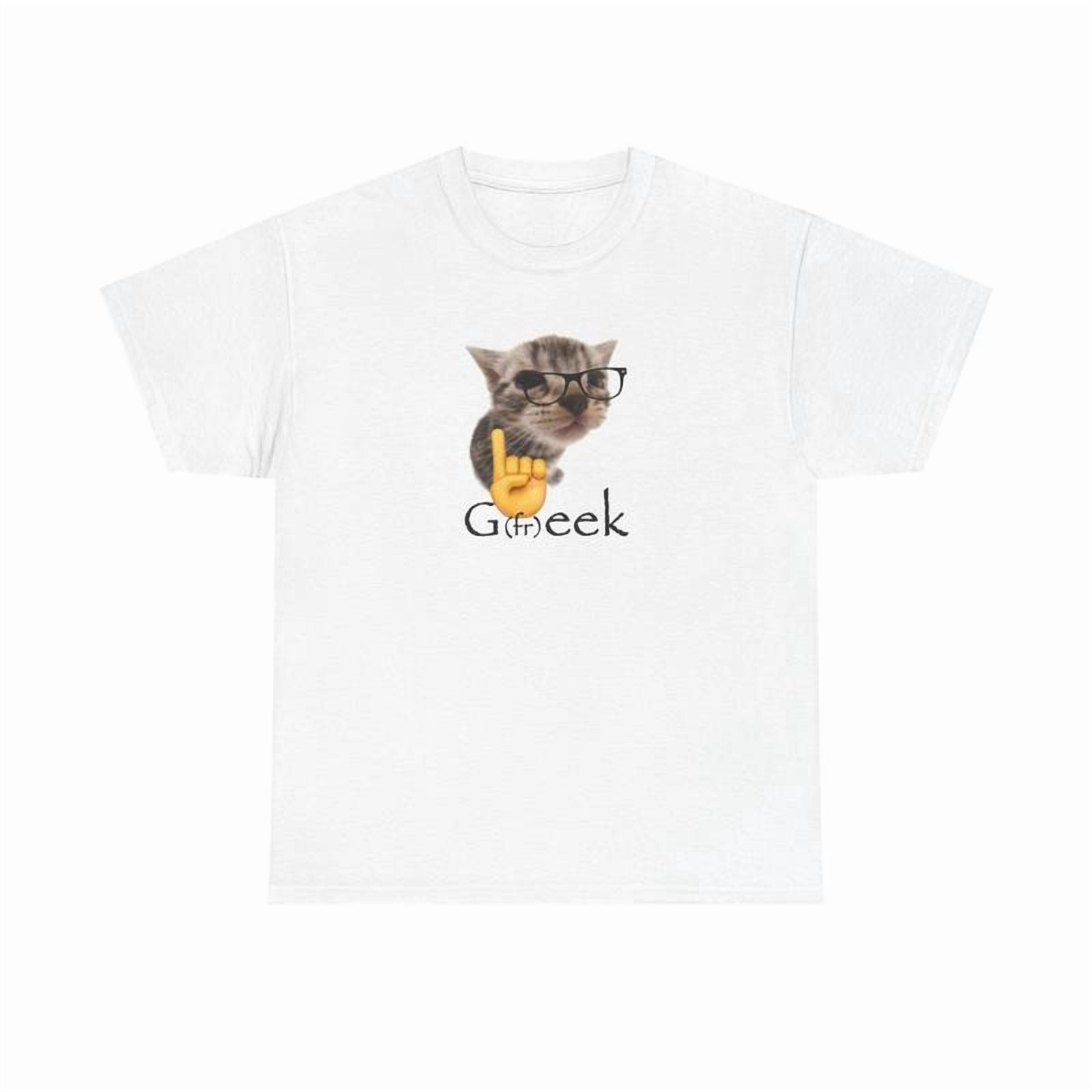 Geeky Cat Tee White Shirt with ‘Greek’ Text & Horns - Hand Cat Art – A ...