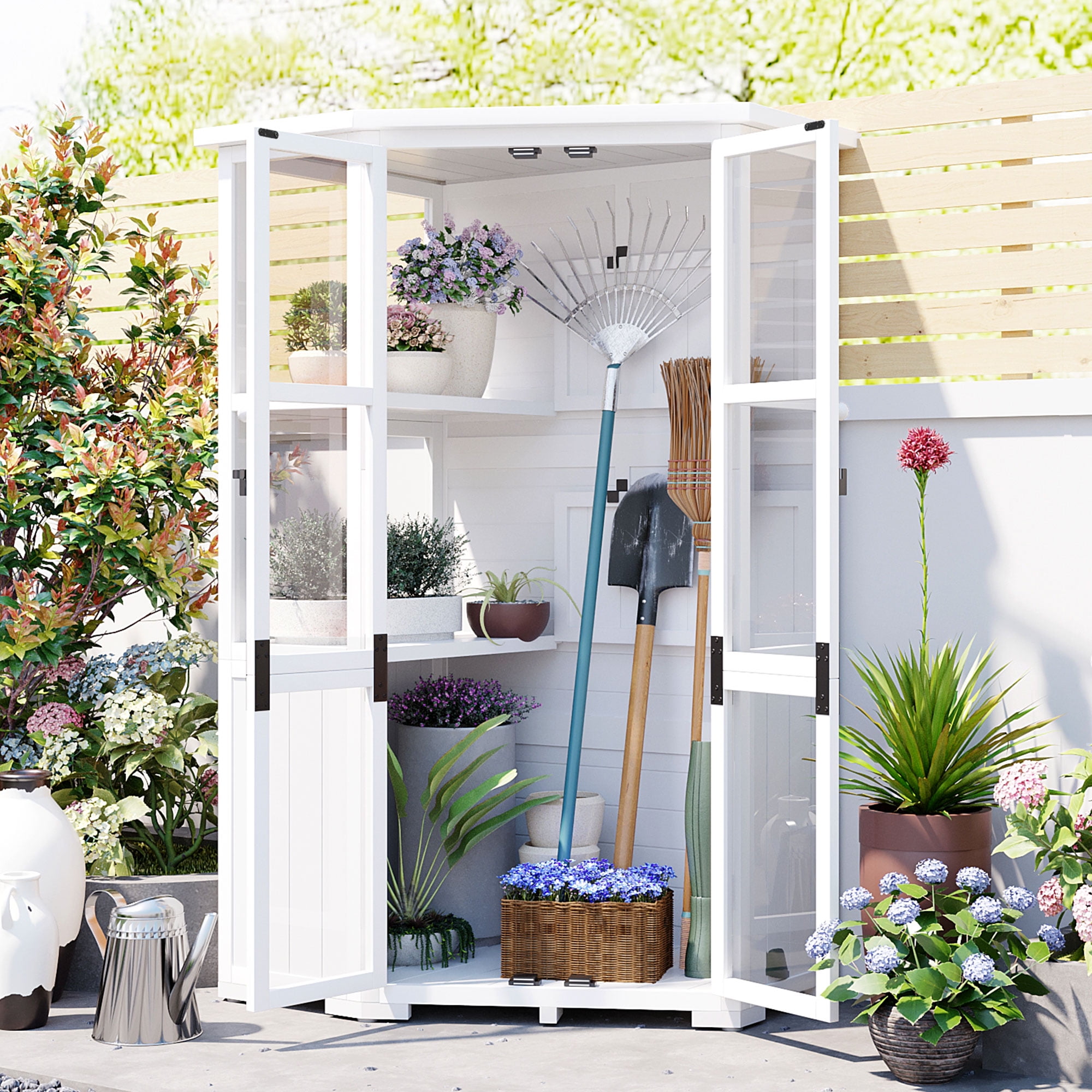 Geemuslly 63'' Height Garden Wood Storage Cabinet Outdoor Tool Storage ...
