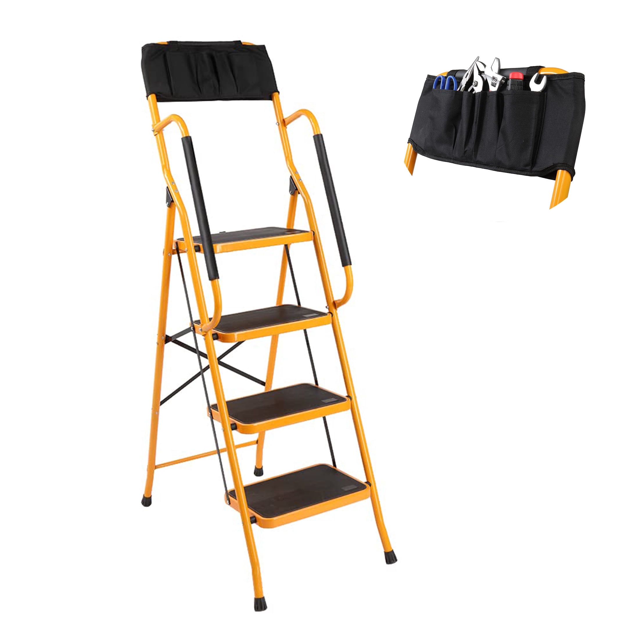 Geemuslly Folding 4 Step Ladder with Handrail & ToolBag, 500 lbs Heavy ...