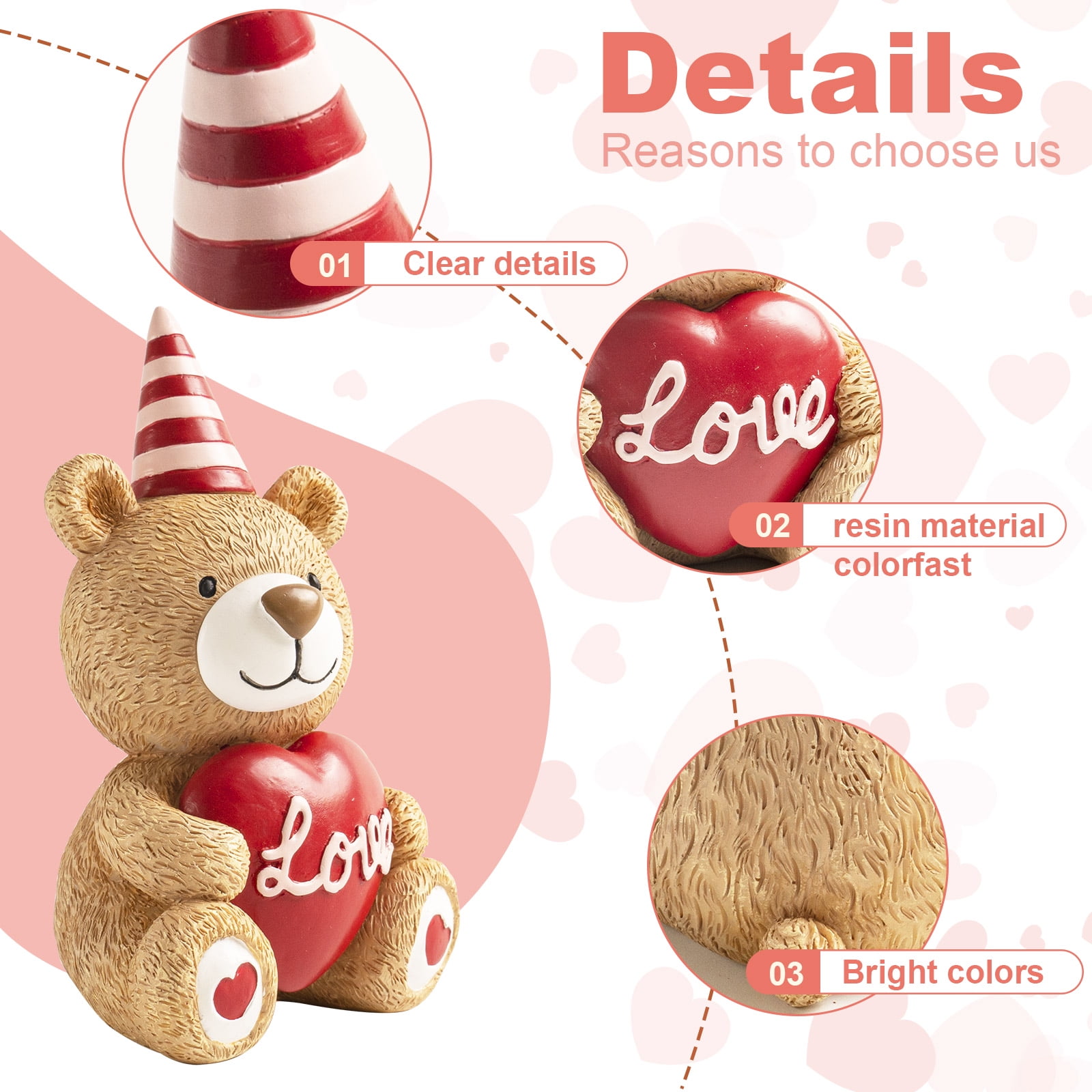 Geemuslly Valentine's Day Teddy Bear Figurine - Resin Heart Decor for ...