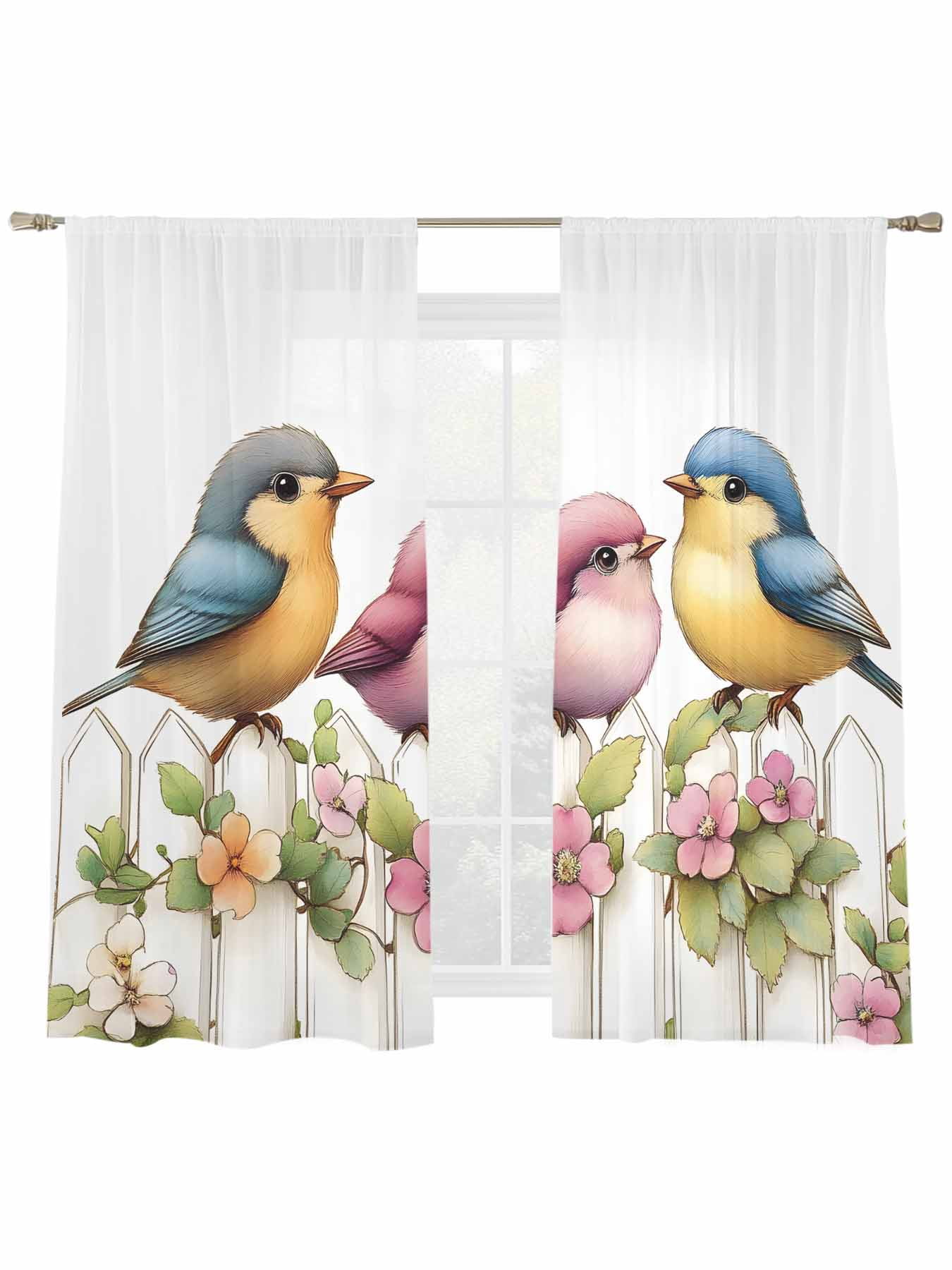 Geen Blue Red Bird Sheer Curtains 2 Panels Set Spring Pink Flower White ...