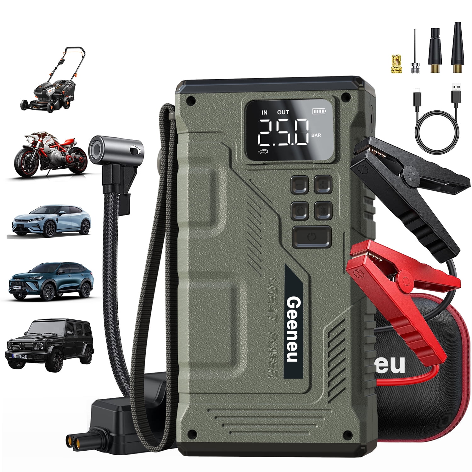 Geeneu 5000A Peak Car Battery Jump Starter with Air Compressor,12V ...