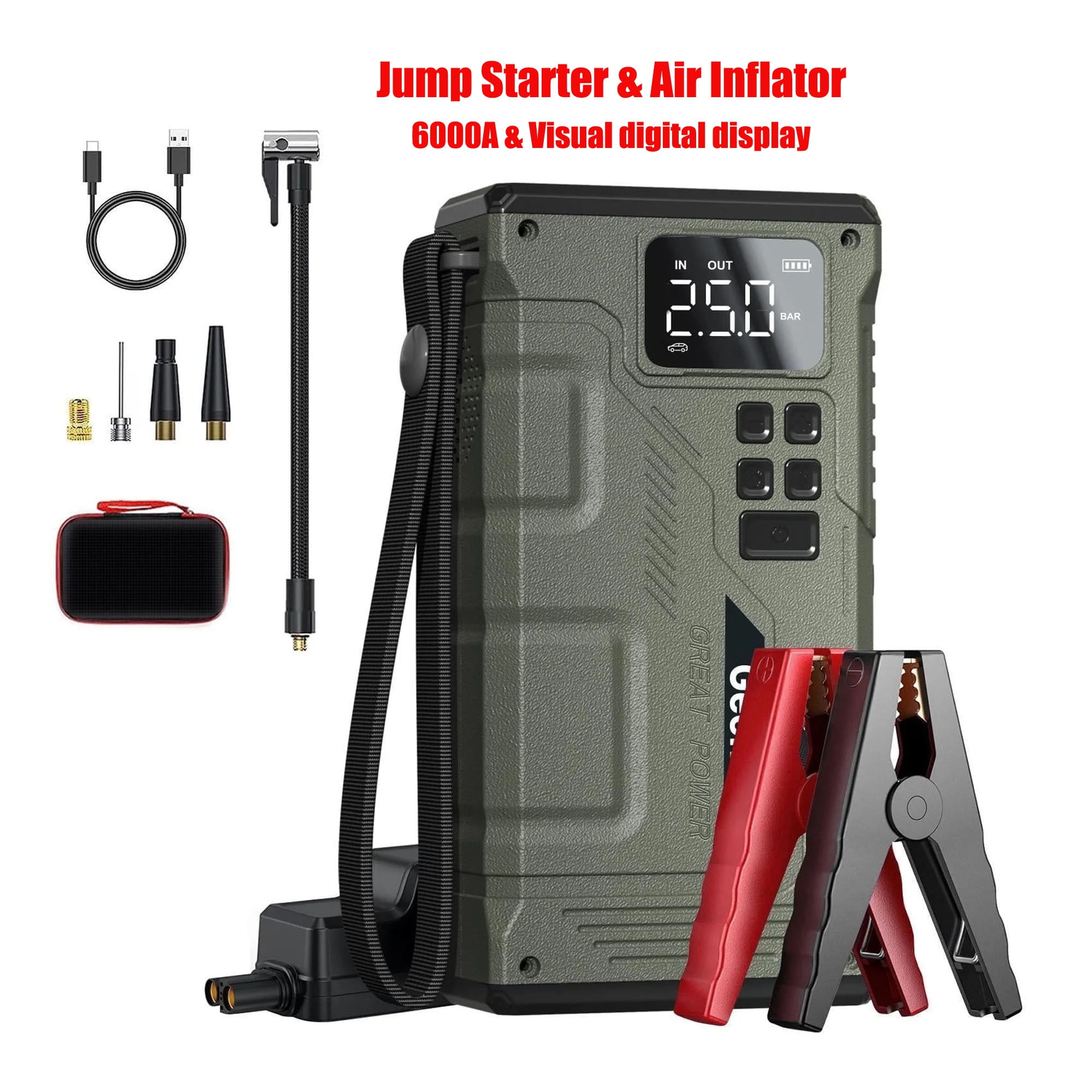 Geeneu 6000A Jump Starter with Air Compressor,Portable Car Battery Jump ...