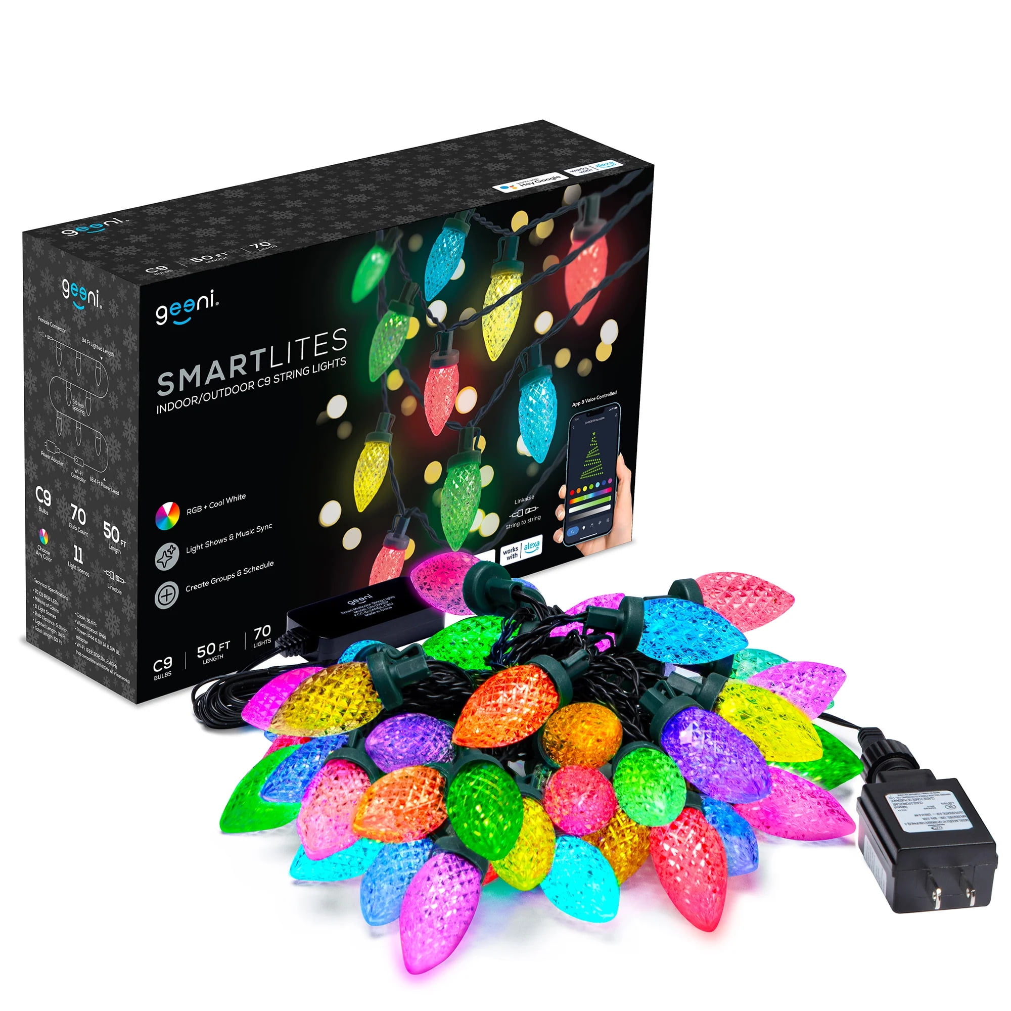 Geeni Indoor/Outdoor Waterproof C9 String Lights, 50 ft. - Walmart.com