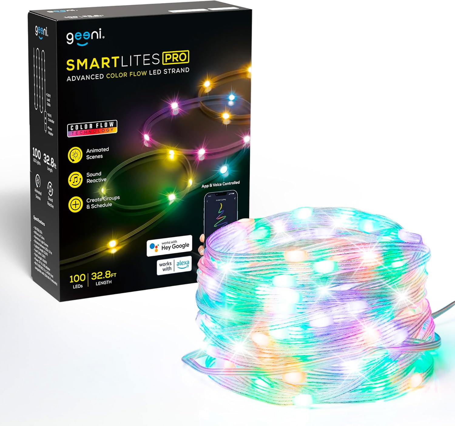 Geeni Smart Lights Pro Color Flow LED Strand 100 LED 32.8 FT Length ...