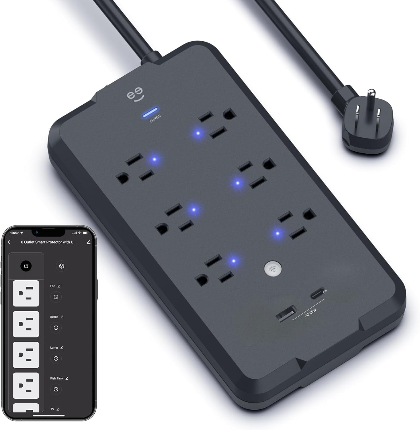 Geeni Smart Plug Power Strip, 6 Outlets and 2 USB Ports, 6 ft. Cord ...