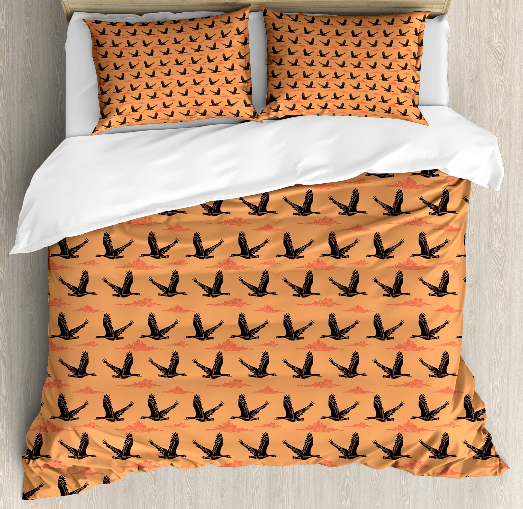 Geese Duvet Cover Set, Continuous Flock of Flying Bird Silhouettes and ...