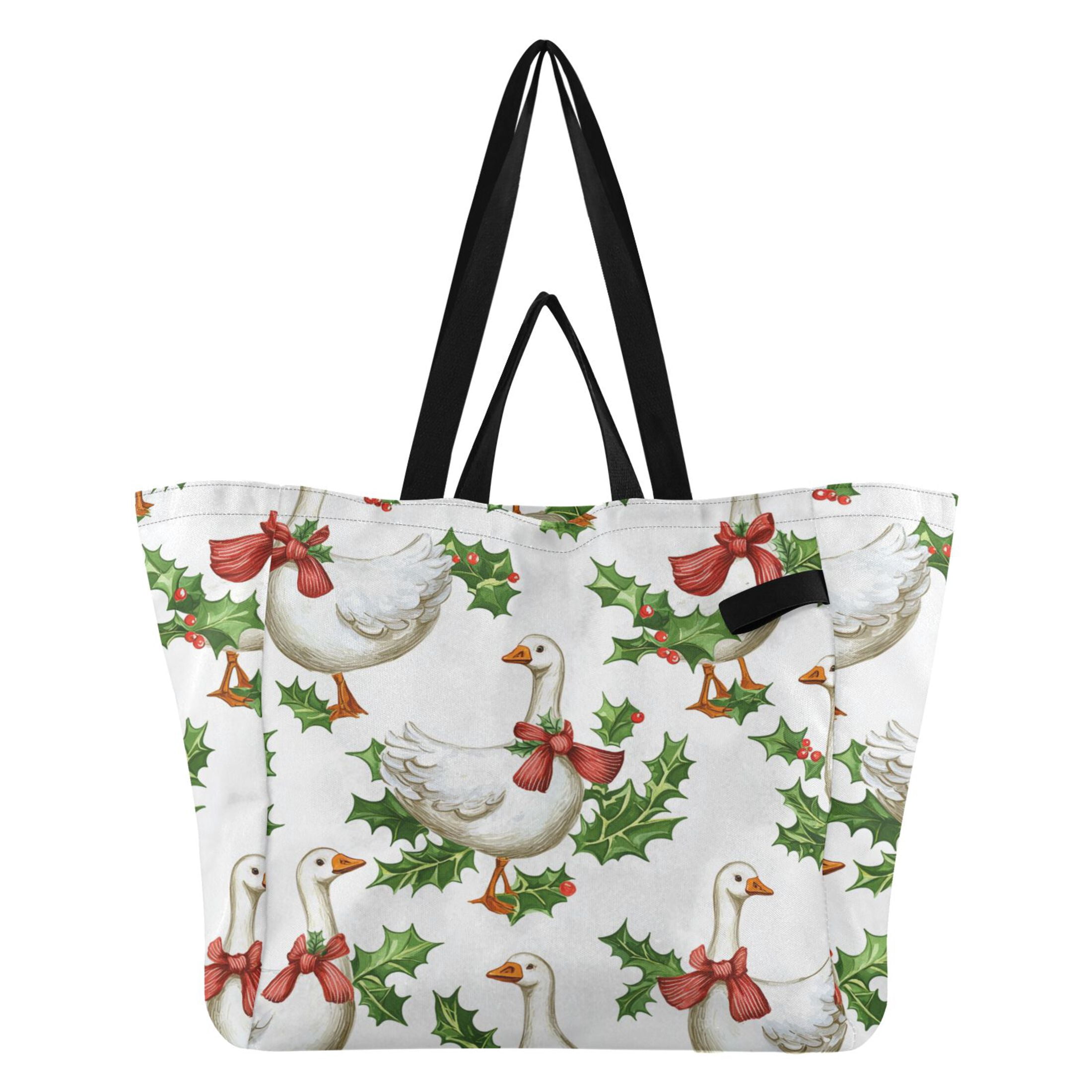 Geese in Christmas Leaves Foldable Canvas Tote Bags Reusable Grocery ...
