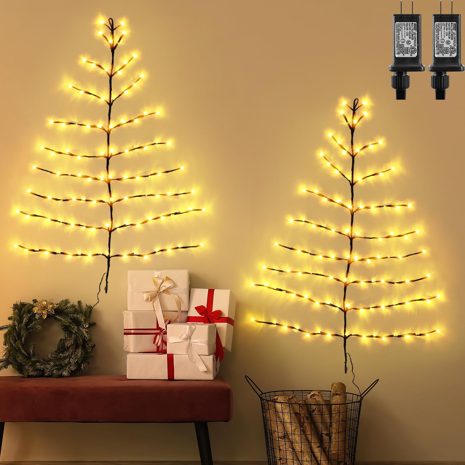 Geetery 2 Pack 4 ft Lighted Wall Tree, Willow Vine Lights with Remote ...