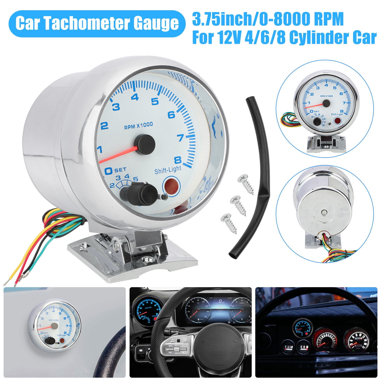 Geetinfly 3.75'' 12V Car Tachometer Gauge Meter LED Backlight 0-8000 ...