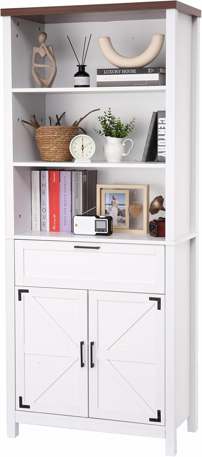 Geetinfly 6-Tire Bookshelf with Doors,Floor Standing Bookshelves with w ...