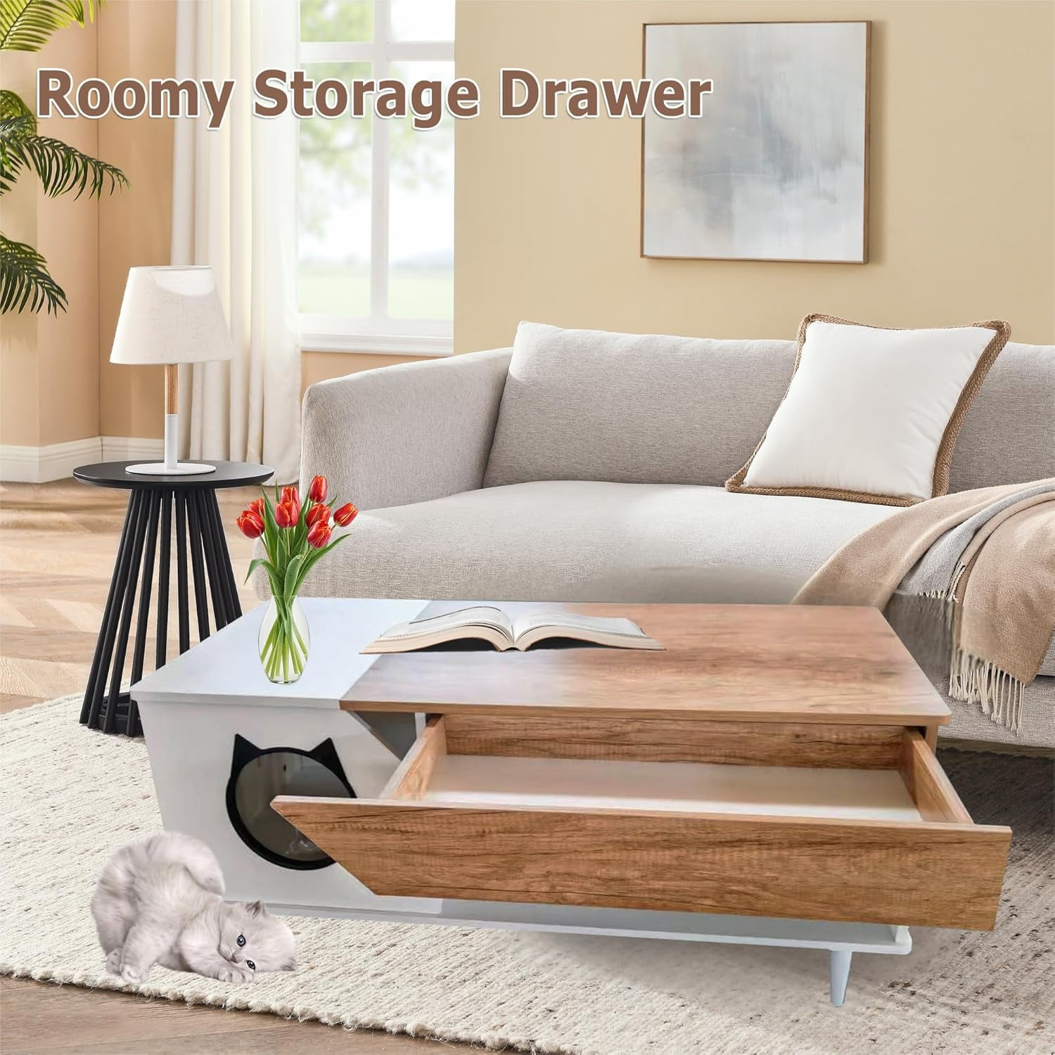 Geetinfly Cat Coffee Table,45inch Hidden Litter Box Enclosure Furniture ...