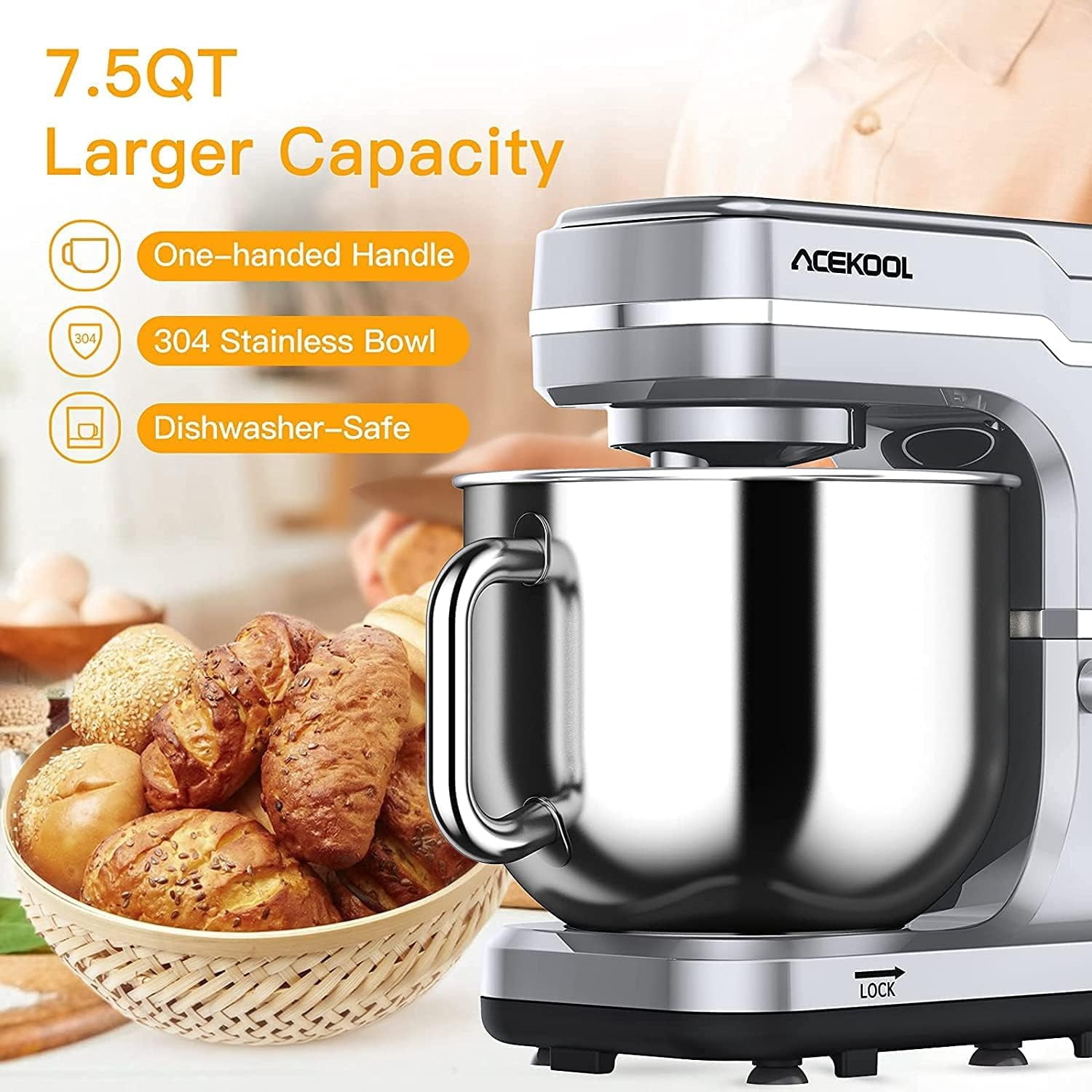 Geetinfly Electric Food Mixer,7.5QT 600W 10-Speed Tilt-Head Stand Mixer ...
