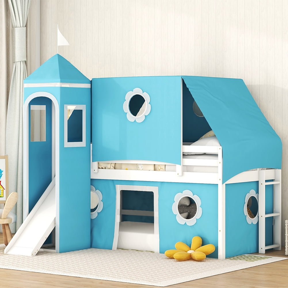 Geetinfly Loft Bed With Slide & Curtains And Tower, Solid Wood Castle ...