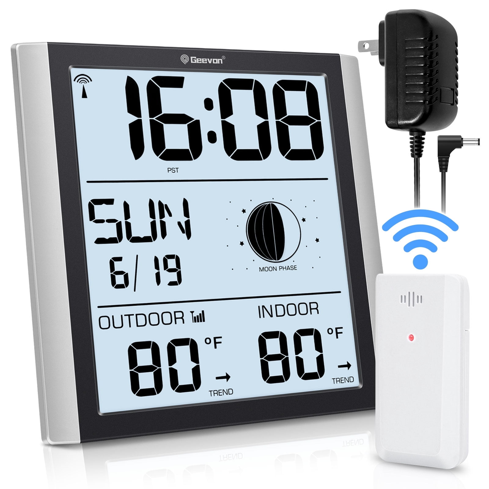 Geevon Digital Atomic Wall Clock with Moon Phase and Backlight, Silent Non-Ticking Atomic Clock ...