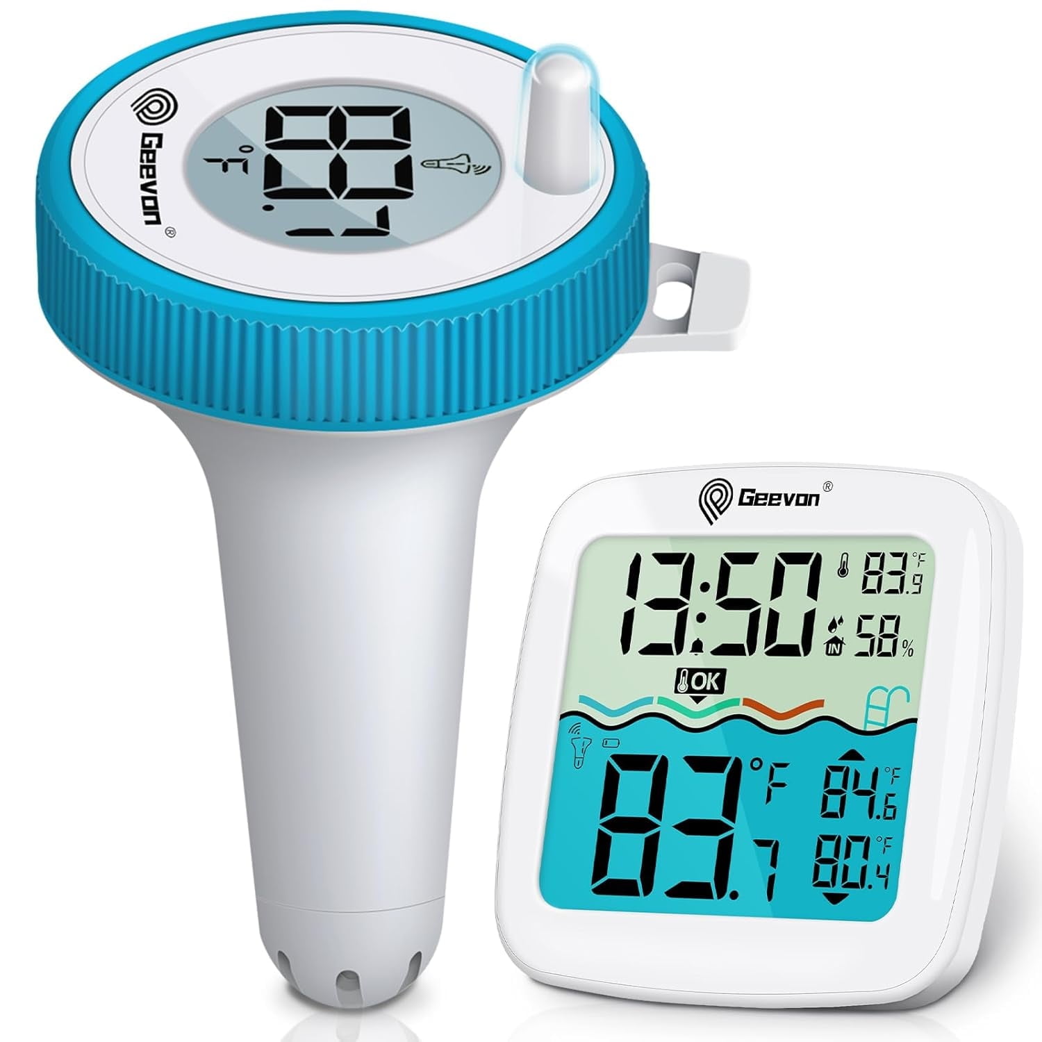 Geevon Digital Pool Thermometer Wireless with Indoor Temperature and ...