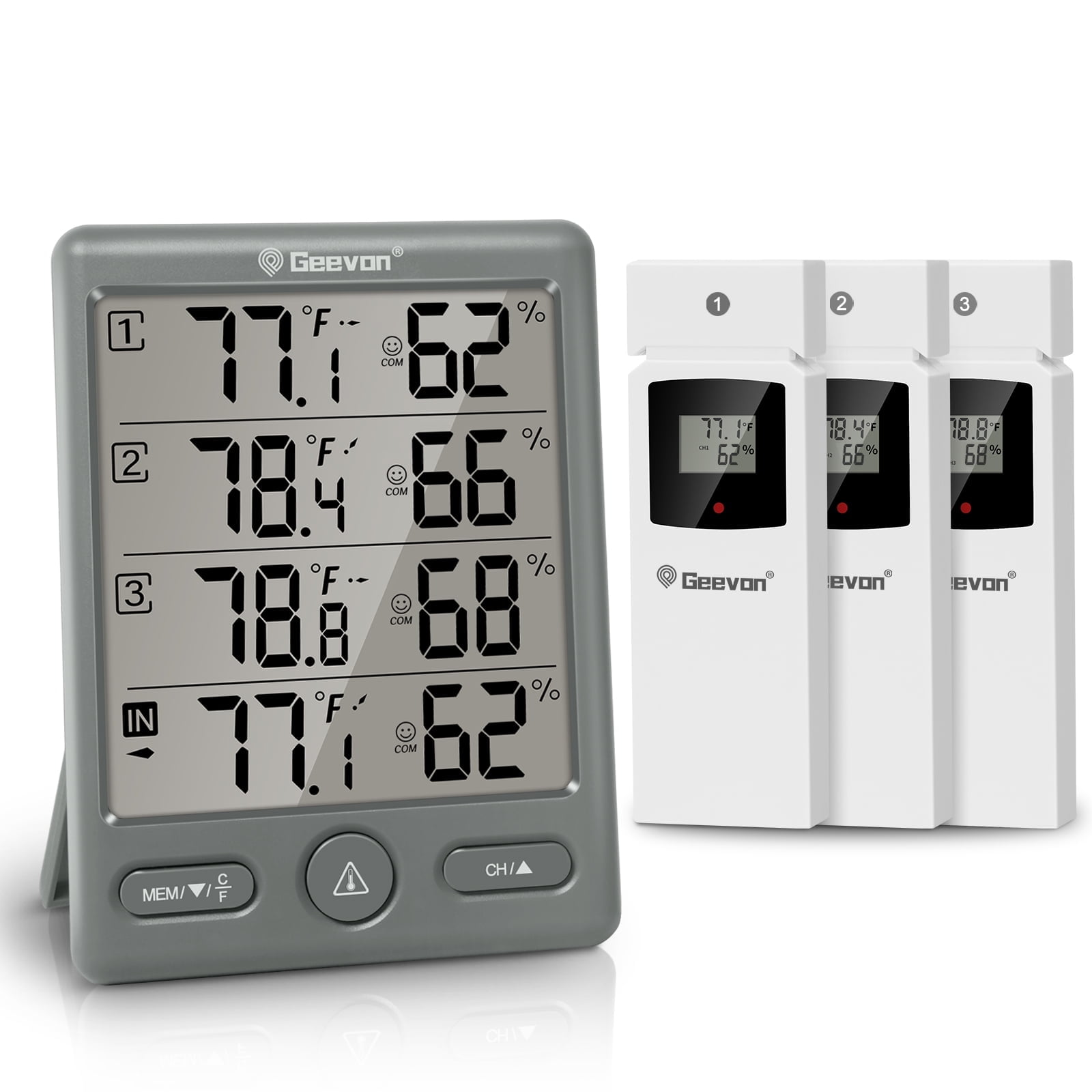 Geevon Indoor Outdoor Thermometer Wireless with 3 Remote Sensors ...