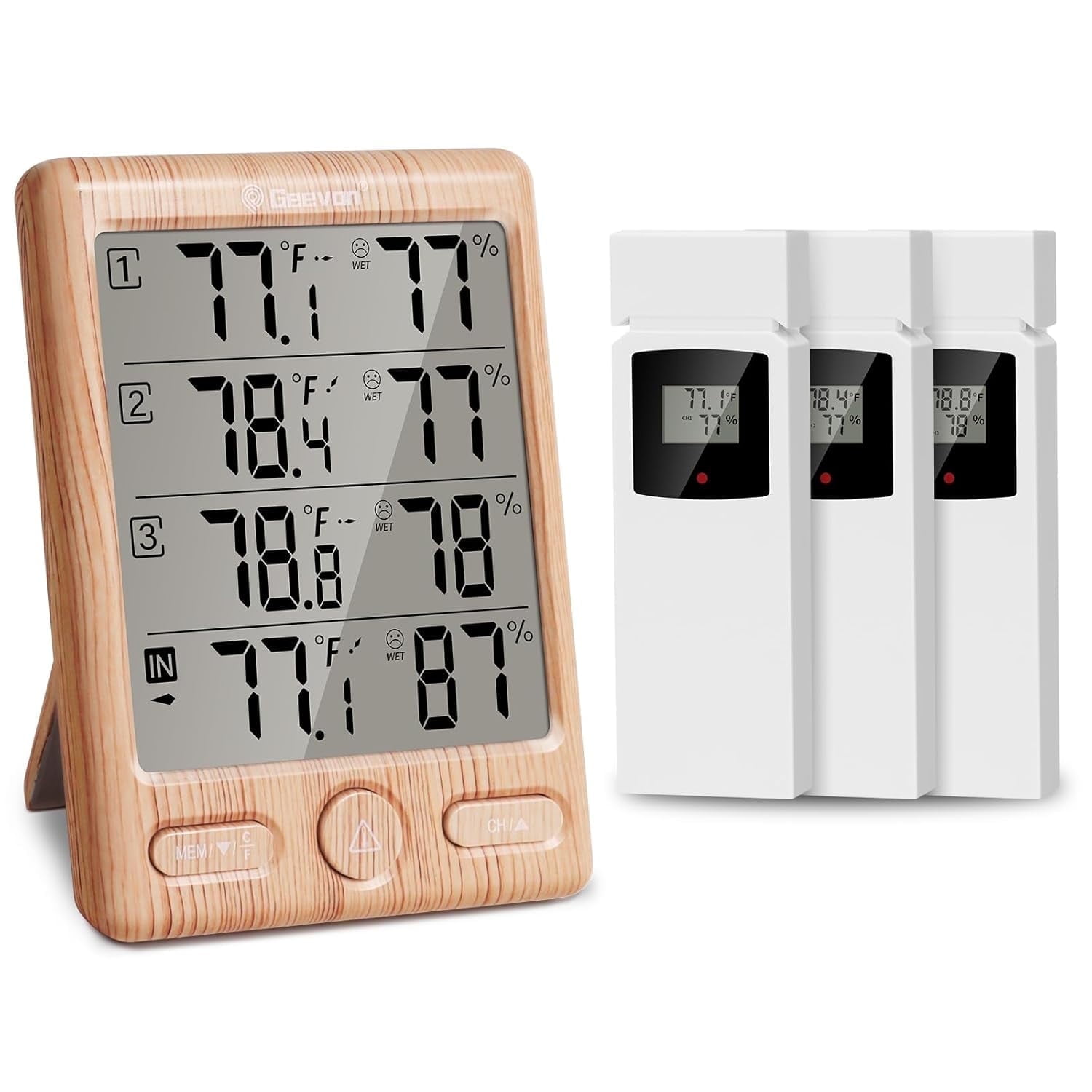 Geevon Indoor Outdoor Thermometer Wireless with 3 Remote Sensors ...