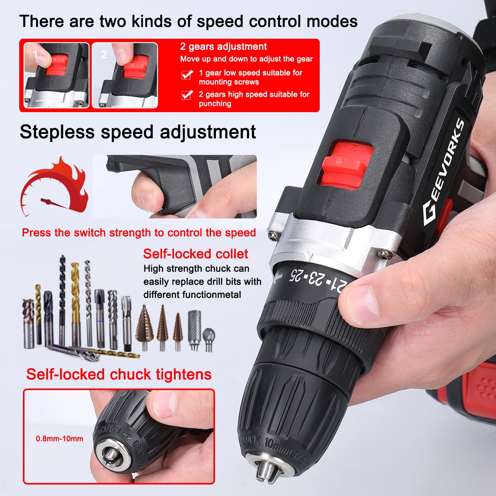 Geevorks Electric Drill Dsfen Hand Drills Diy Drillbattery 21v