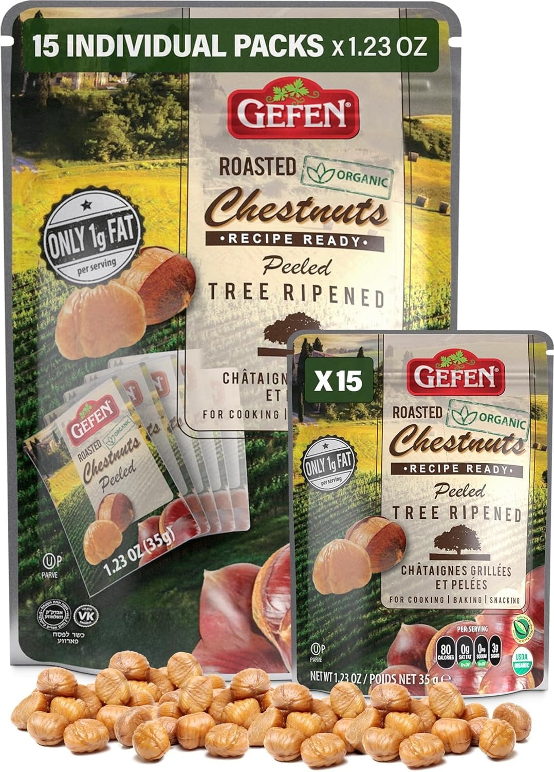 Gefen Organic Whole Roasted & Peeled Chestnuts, Ready to Eat Nut, 1 ...