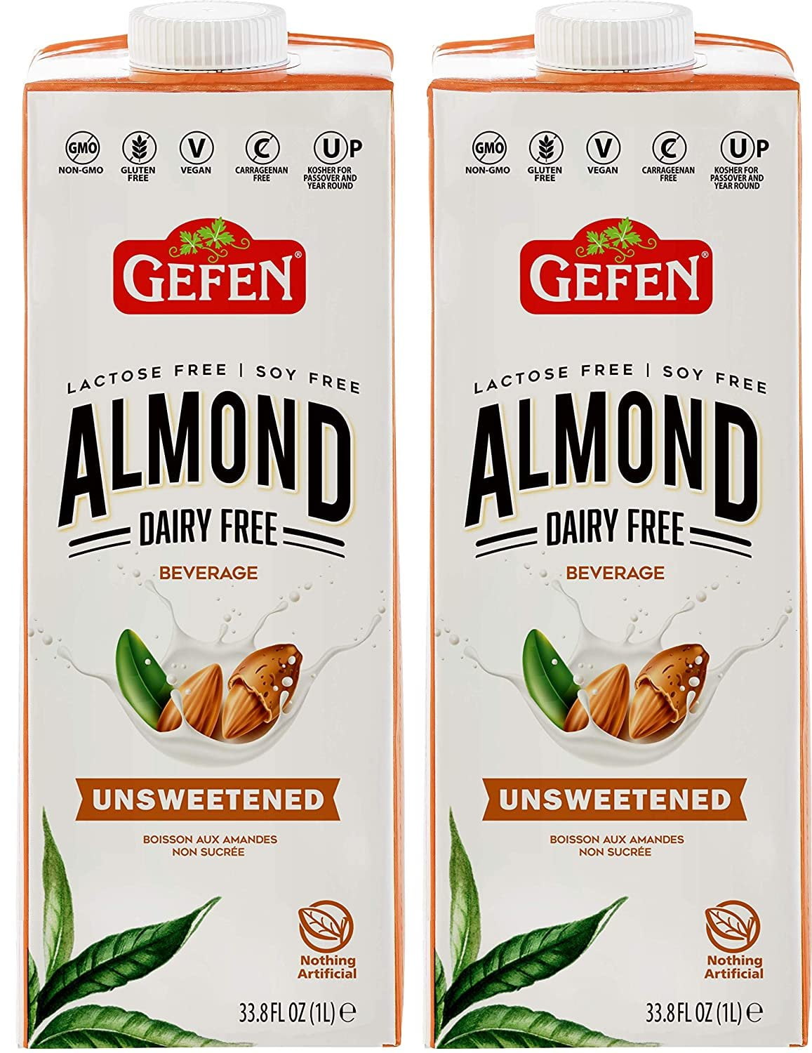 Gefen Unsweetened Almond Milk 33.8oz 2 Pack, Just 3 Ingredients, No ...