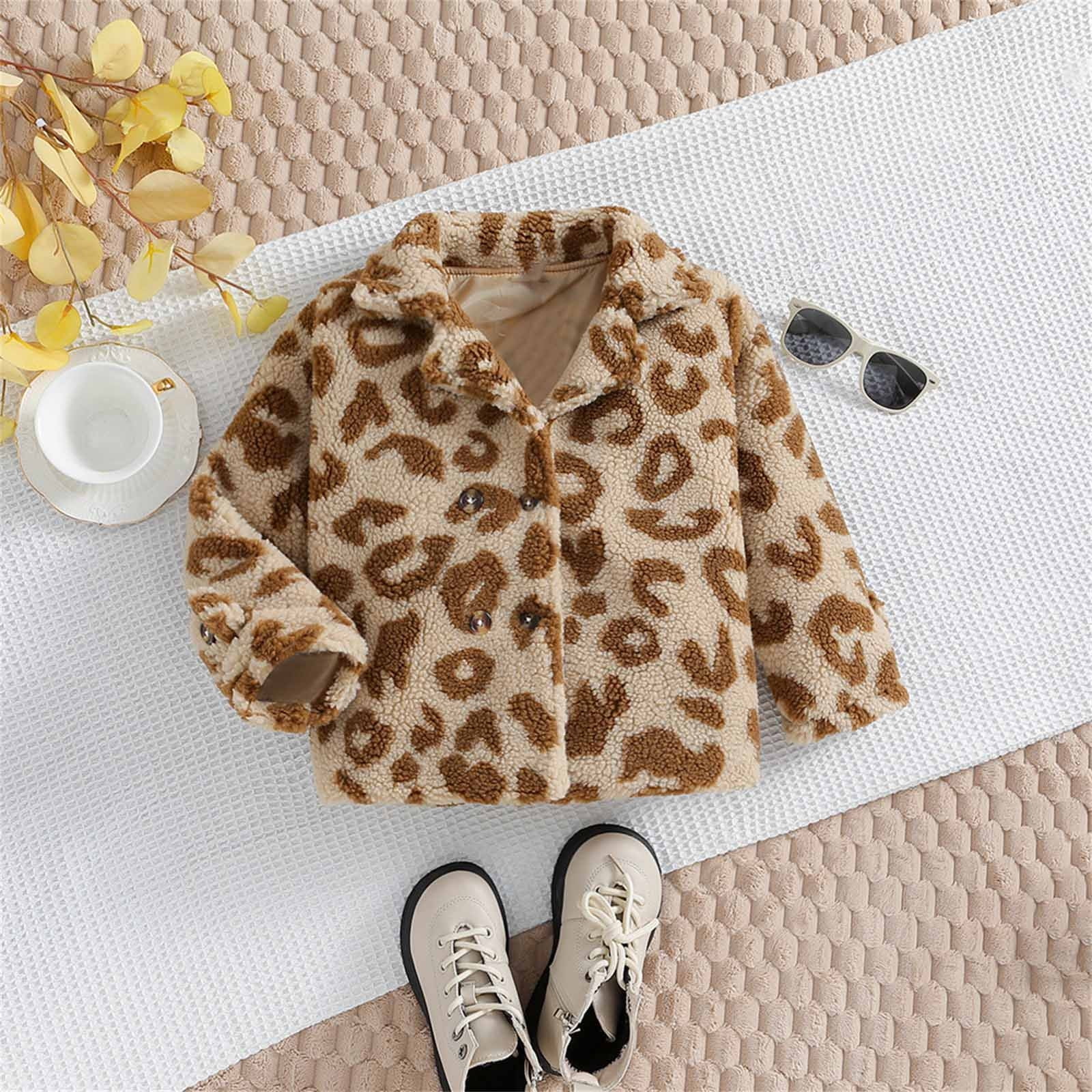 Geire 3-7T Girls Plush Coat Leopard Print Long Sleeve Lapel Cardigan ...