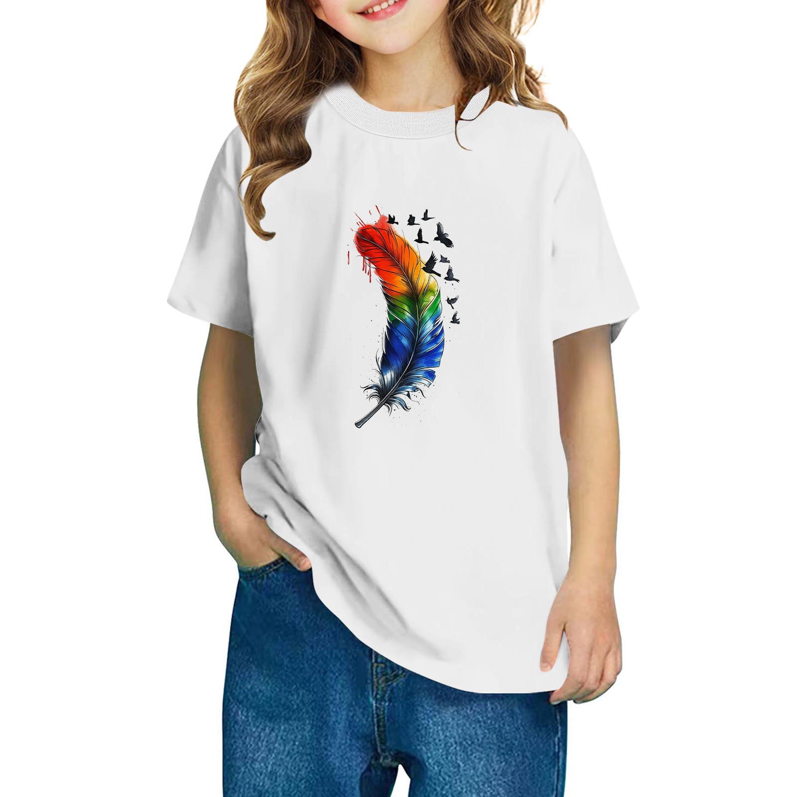 Geire Boys Girls Plume Print T-shirt Fashion Cute Round Neck Summer ...