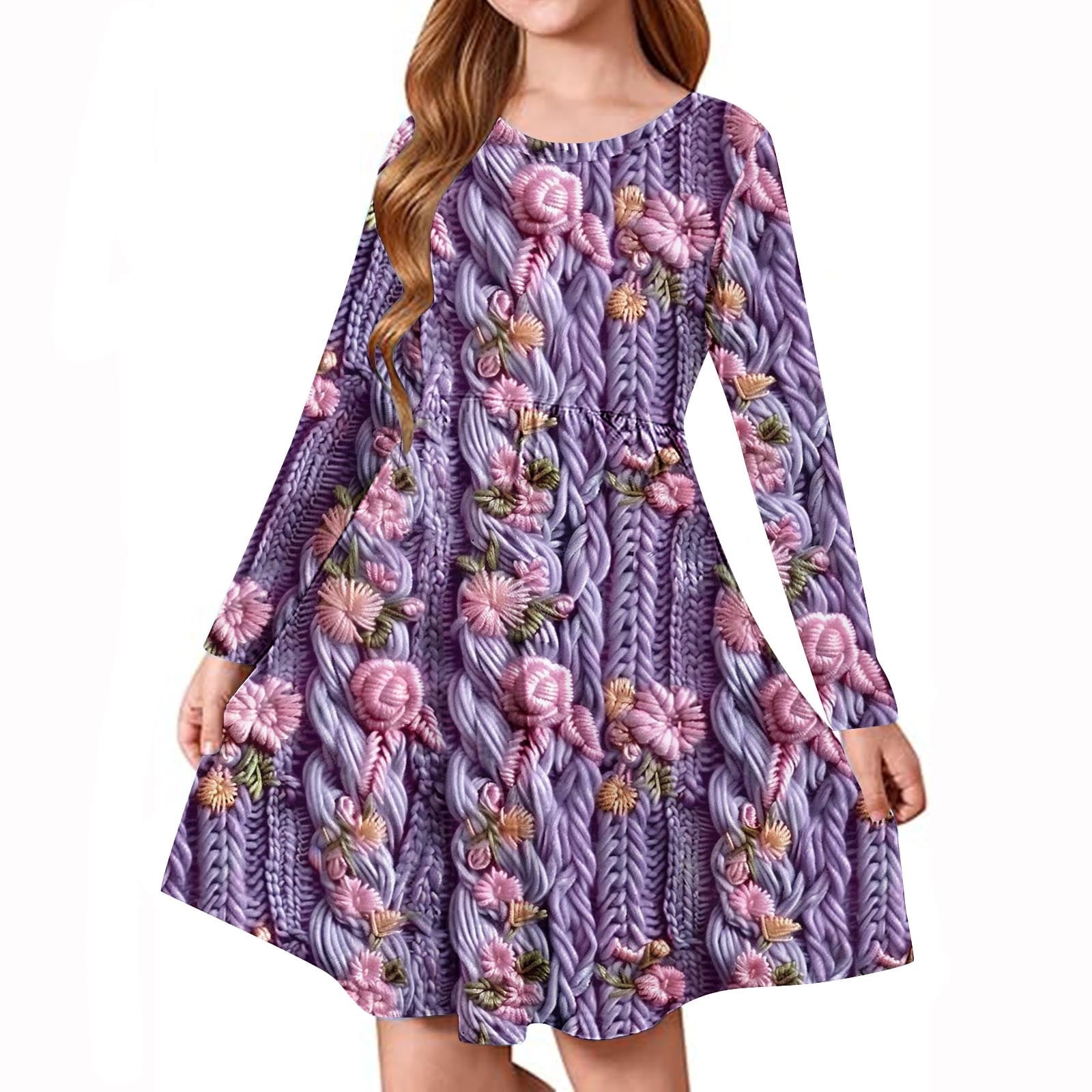Geire Girl Long Sleeve Dress Trendy Print Classic Crewneck Casual ...