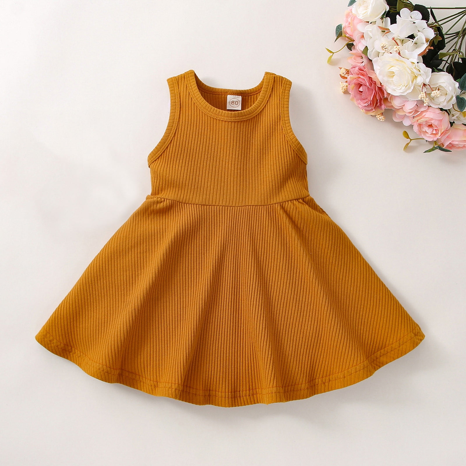 Geire Girl's Sweet Solid Color Sundress Wide Strap Sleeveless Swing ...