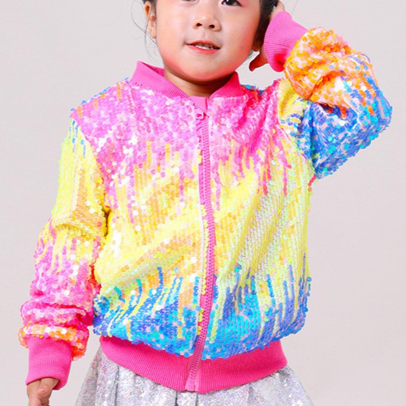 Geire Girls Sequin Bomber Jacket Sparkly Outfit Long Sleeve Zipper ...