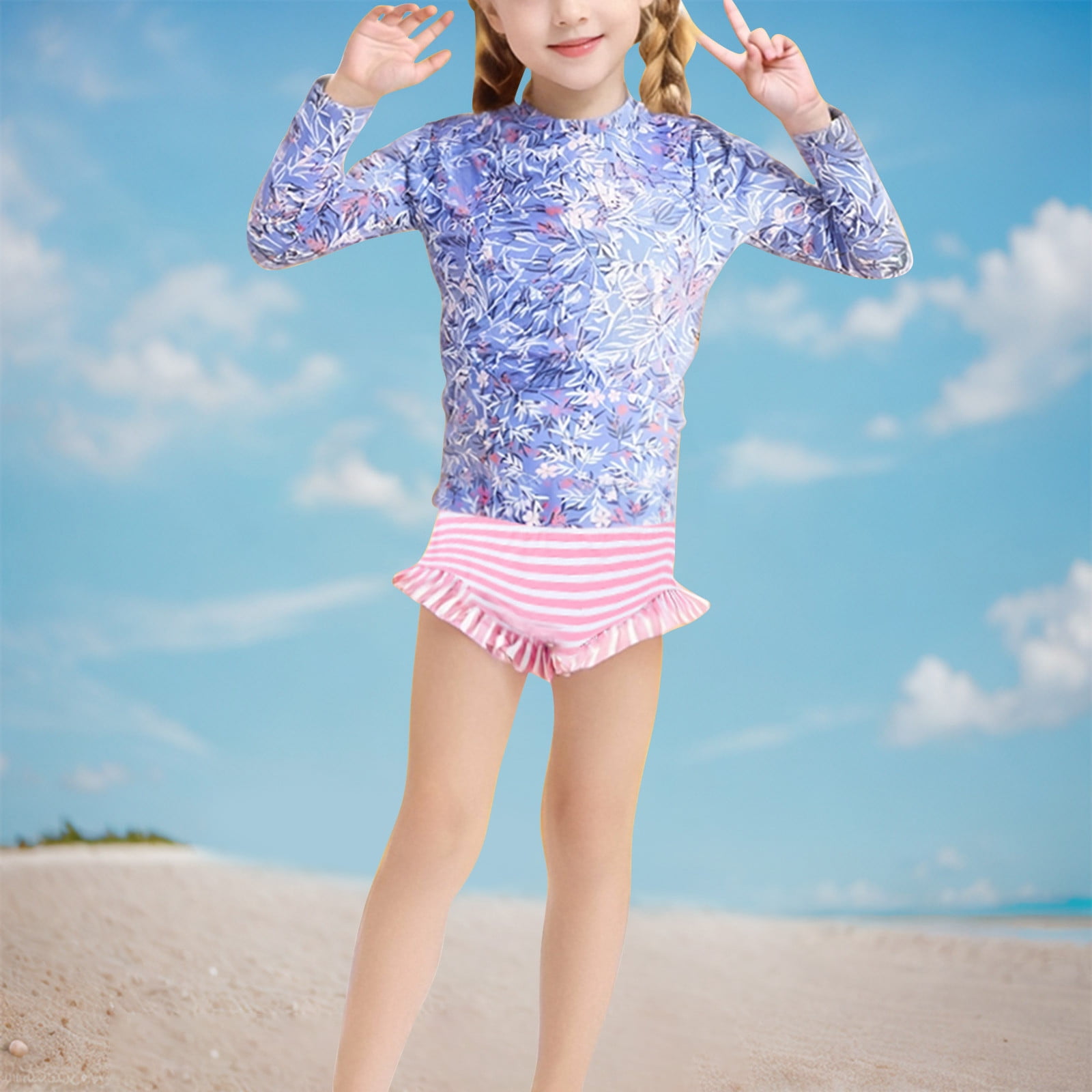 Geire Girls Swimsuits Set Cute Print Long Sleeve Shirts Shorts ...