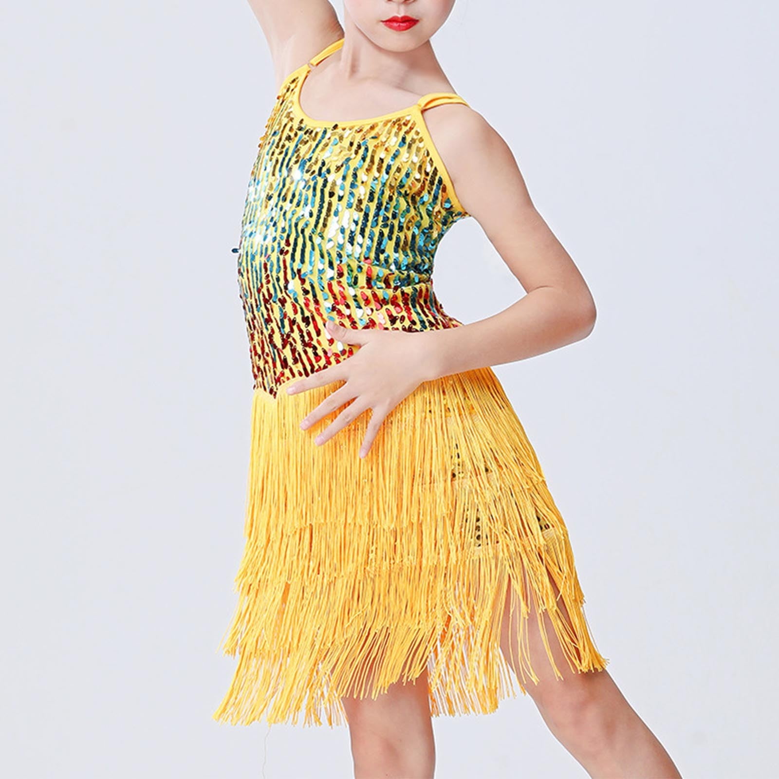 Geire Kids Sequin Fringe Dress Sparkling Tassel Sleeveless Dance Dress ...