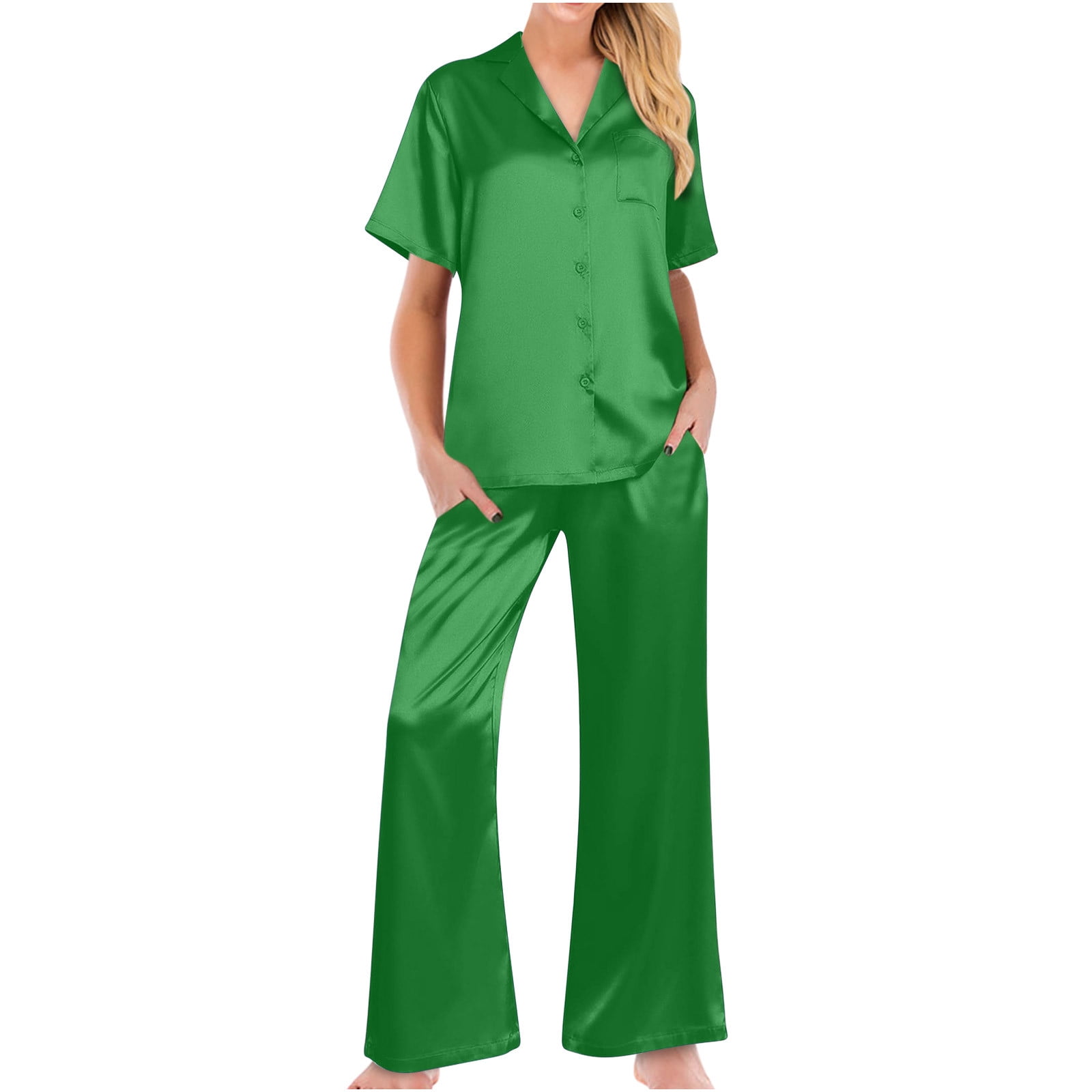 Geire Women Pajamas Set Solid Short Sleeve Lapel Shirts & Elastic Waist ...