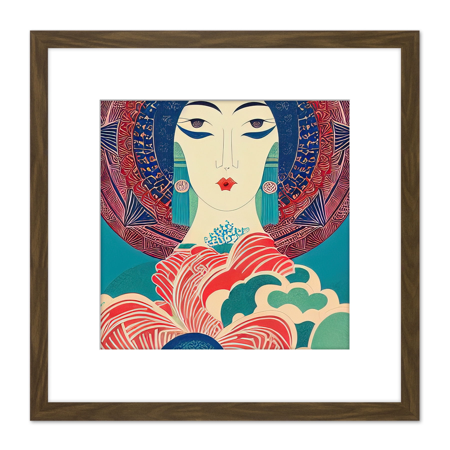 Geisha Art Deco Portrait Blue Pink Red Pattern Linocut Illustration ...