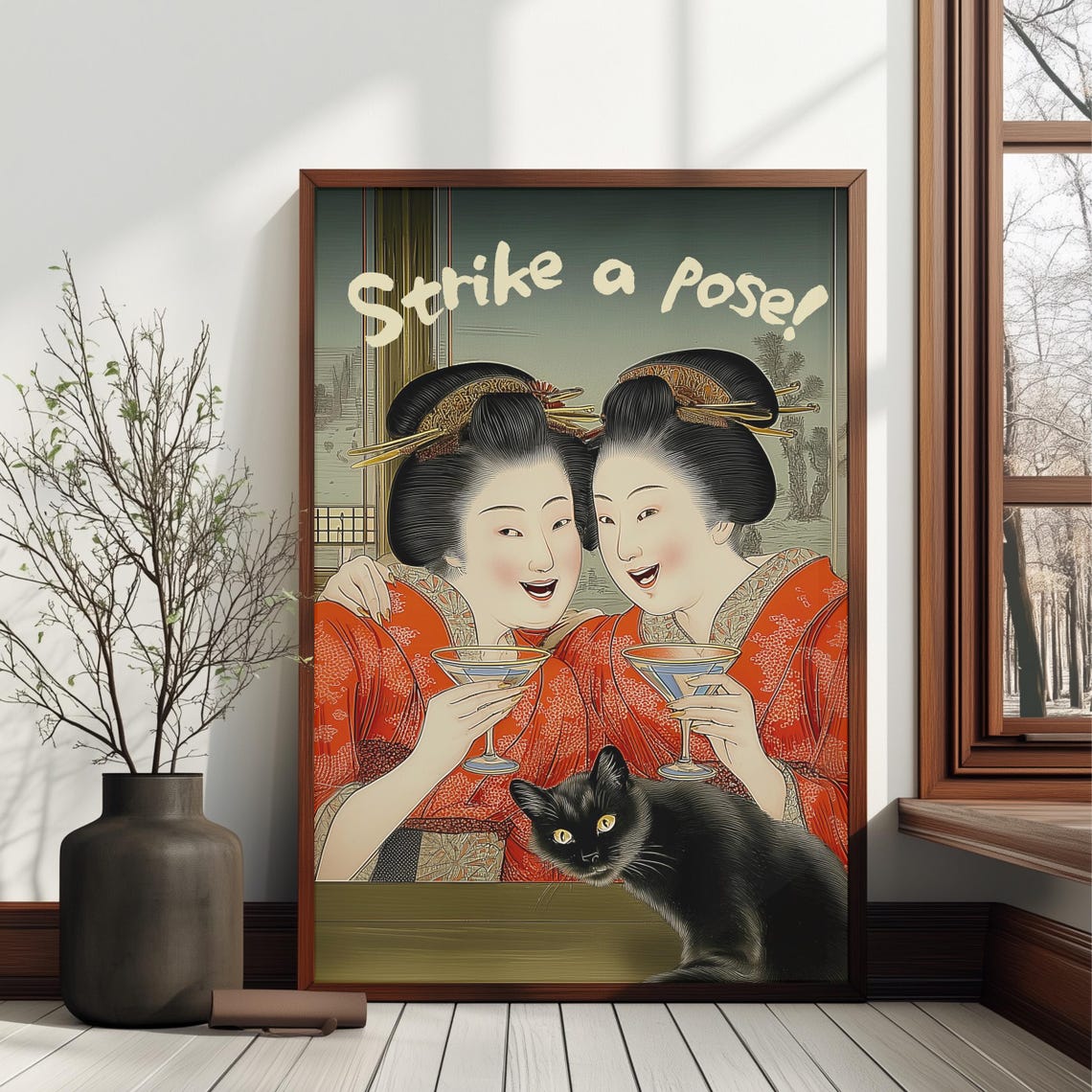 Geisha & Black Cat Art Print, Retro Japanese Martini Toast Home Decor ...