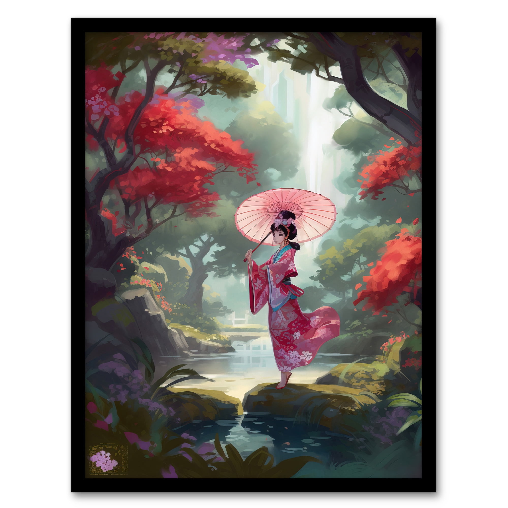 Geisha Dancing with Umbrella By Cherry Blossom Trees Painting ...