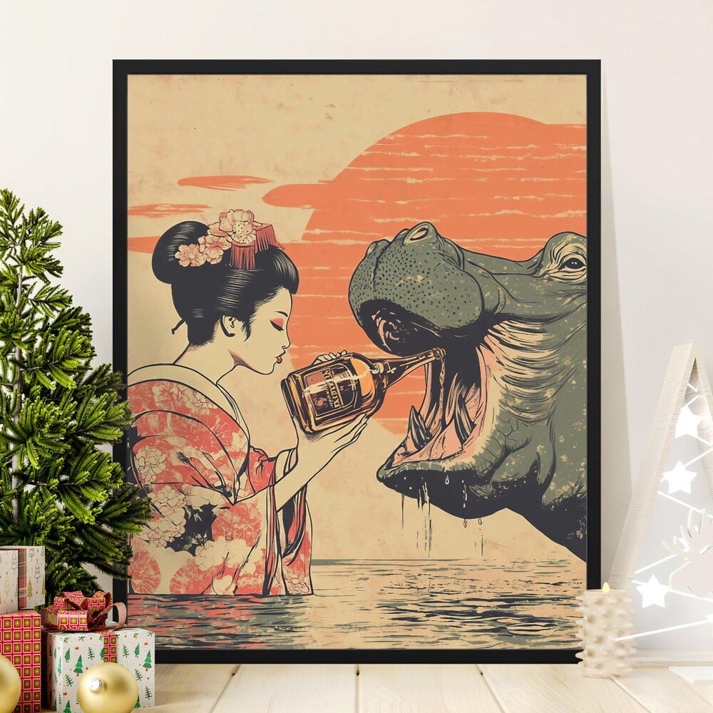 Geisha Feeding Hippo Art Poster, Japanese Vintage Print, Unique Wall Decor, Quirky Animal ...