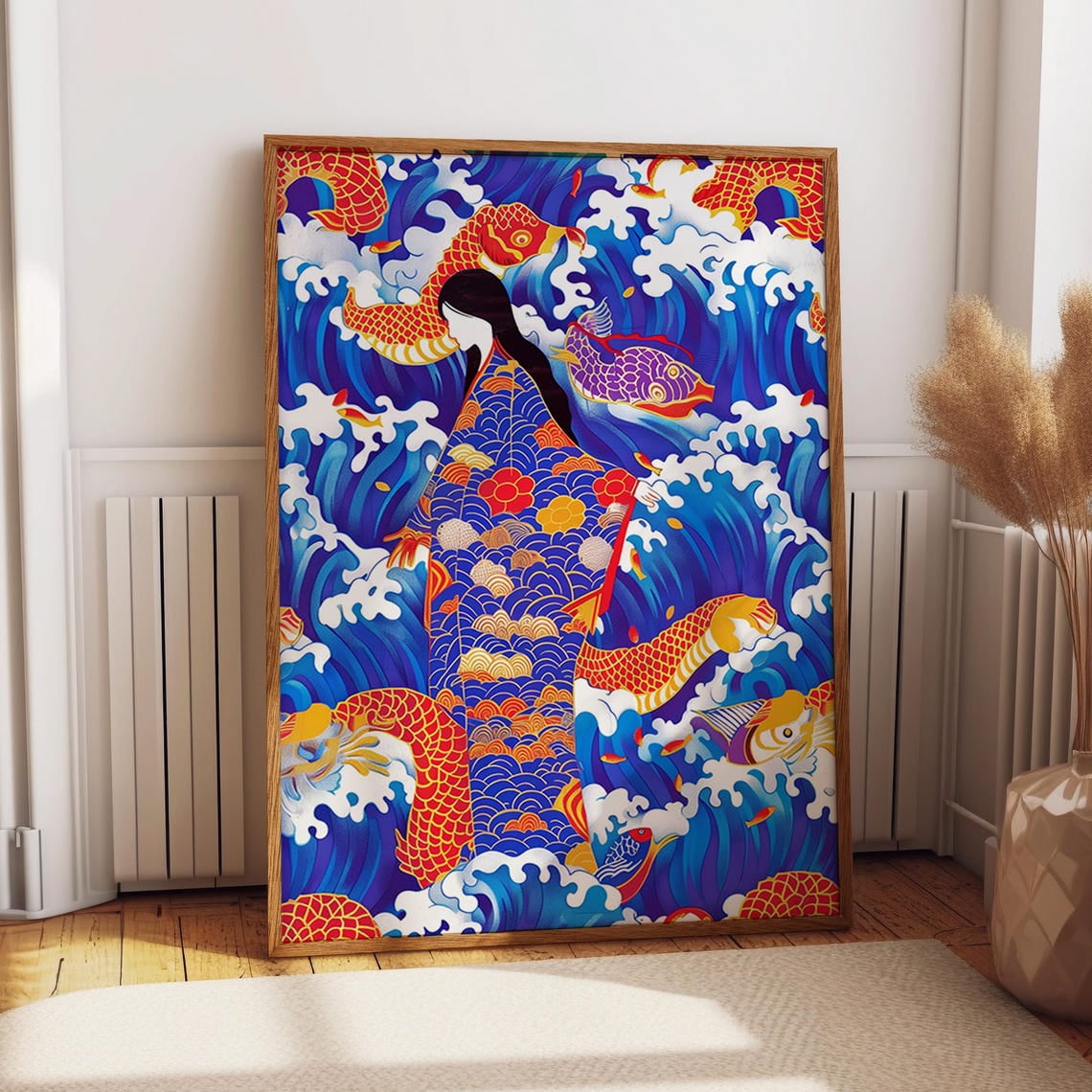 Geisha & Koi Waves Print - Japanese Joi Fish And Ocean Waves Art Poster ...