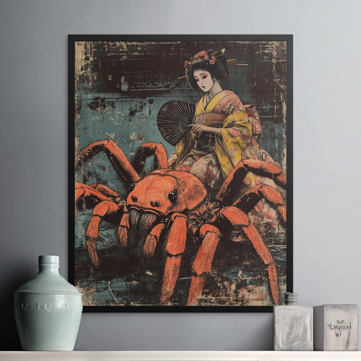 Geisha Riding Giant Spider Vintage Art Poster, Unique Japanese Inspired ...