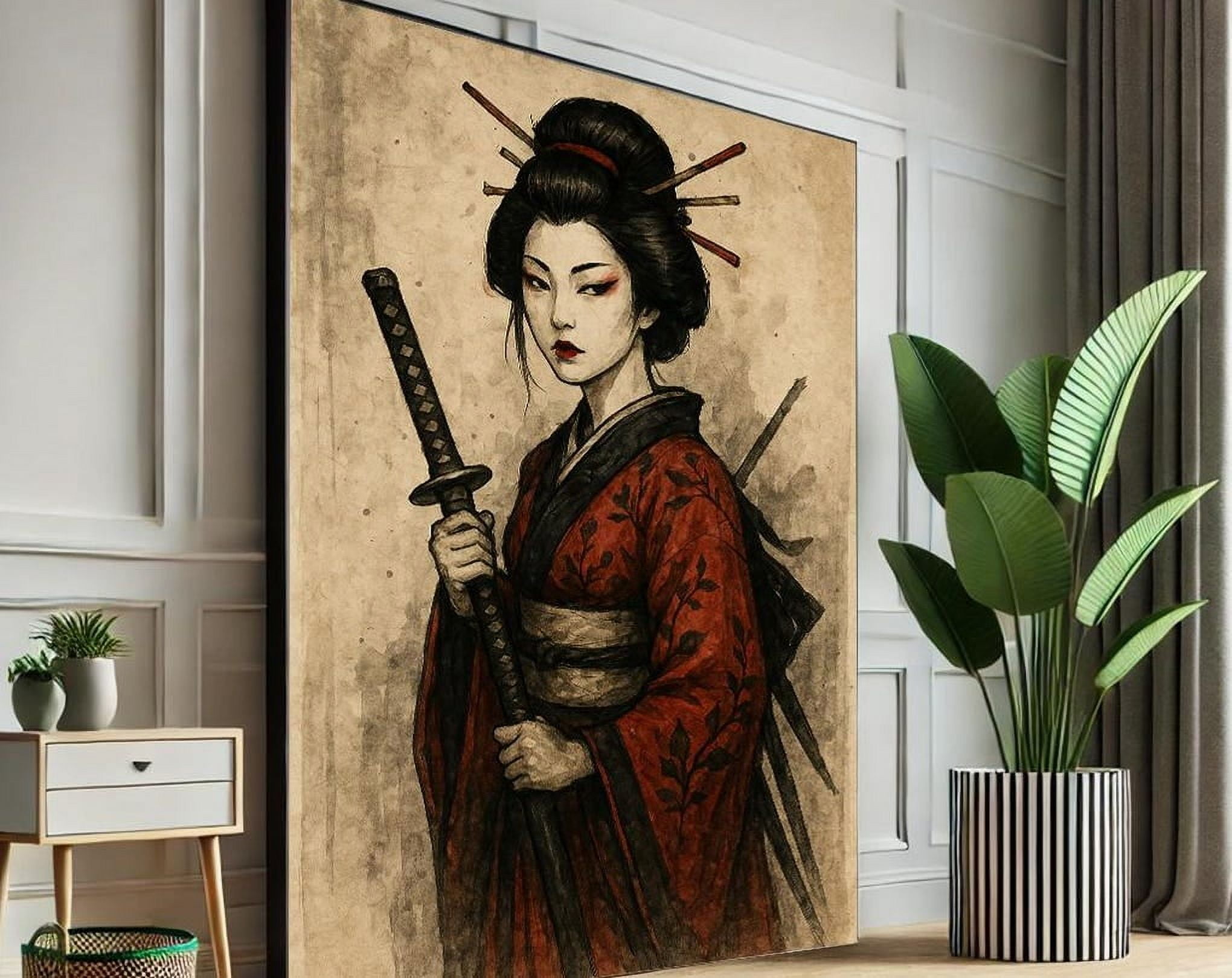 Geisha Samurai , Japanese Warrior Woman Wall Art, Katana Girl Ink Style ...