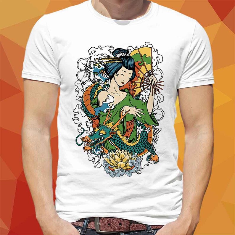 Geisha Tokyo Japan Uni T Shirt Japanese Art Drawing Dragon Flowers Best ...