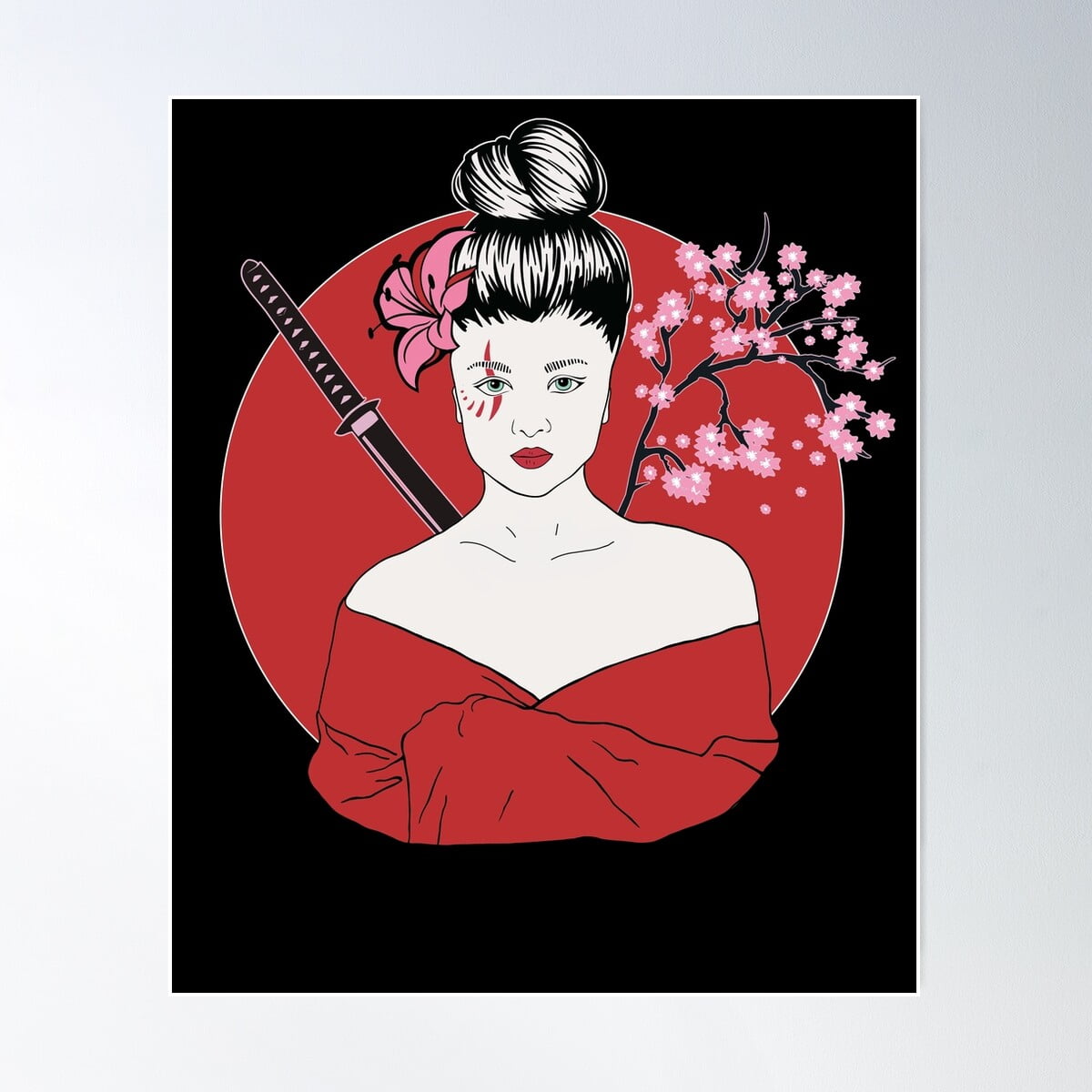 Geisha With Katana Sword And Cherry Blossoms Poster Wall Art, Modern ...