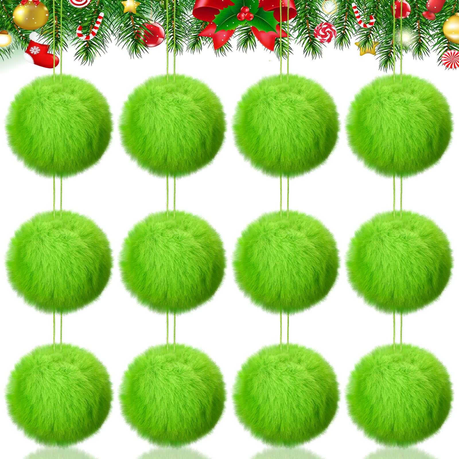 Gejoy 12 Pcs FEV6 Lime Green Furry Christmas Ball for Xmas Tree Green ...