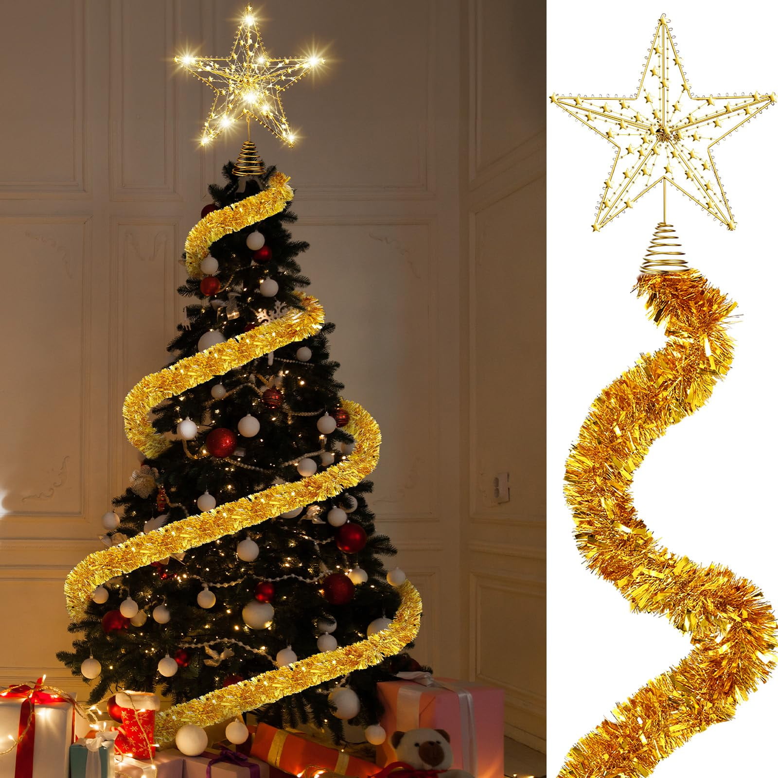 Gejoy 2 Pcs 12 Inch Large Christmas Star Tree Topper with 33 ft ...