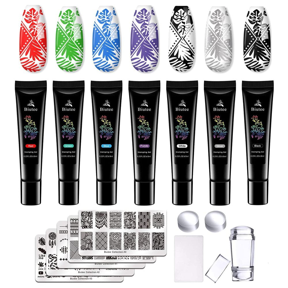 Biutee Gel Nail Polish Stamping Kit with 7 Colors, Nail Art Supplies ...