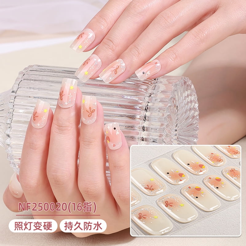Gel nail stickers waterproof French style smudge glitter nail stickers UV semi-cured nail ...