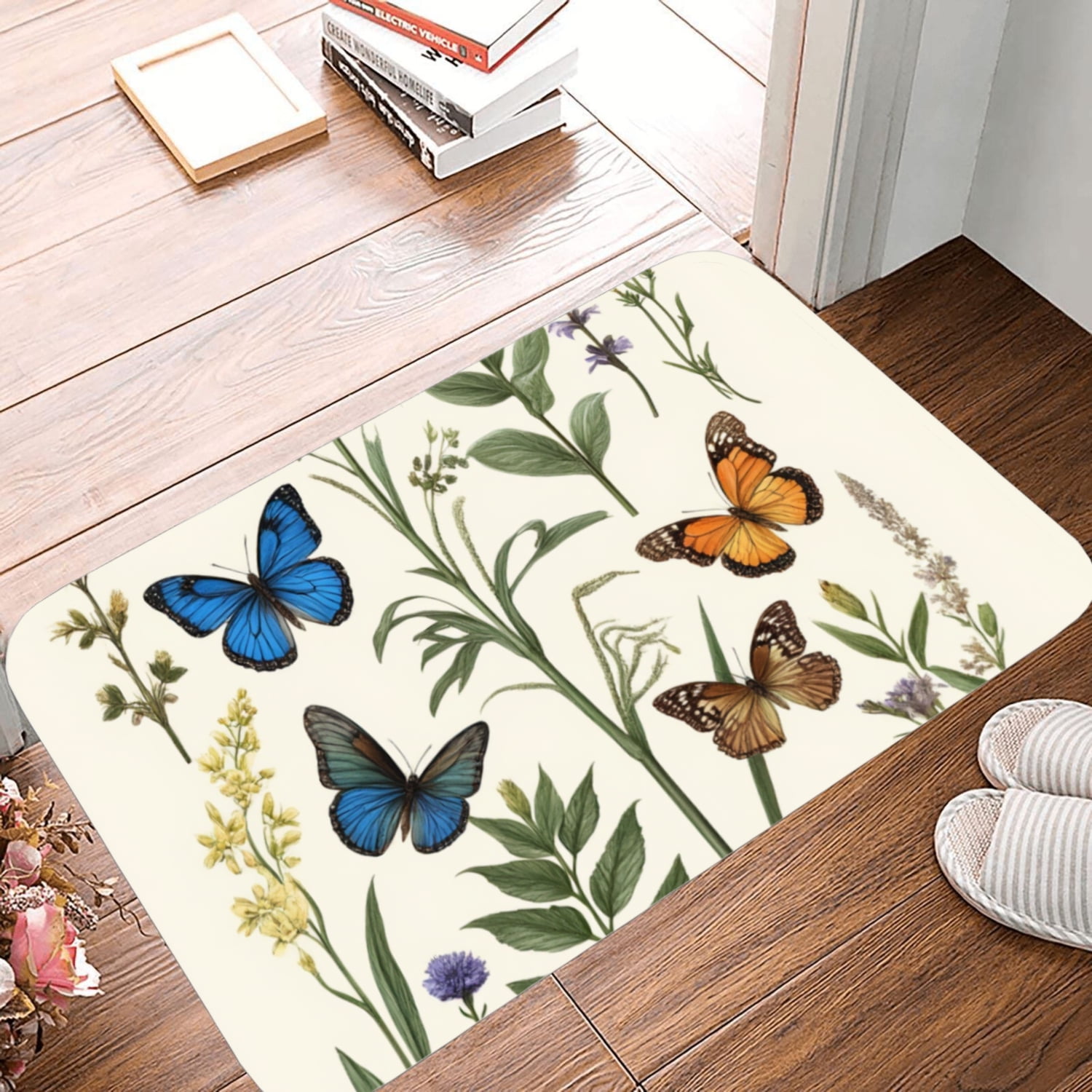 Gelasgo Butterfly and Botanical Print Flannel Rug for Bathroom Kitchen ...