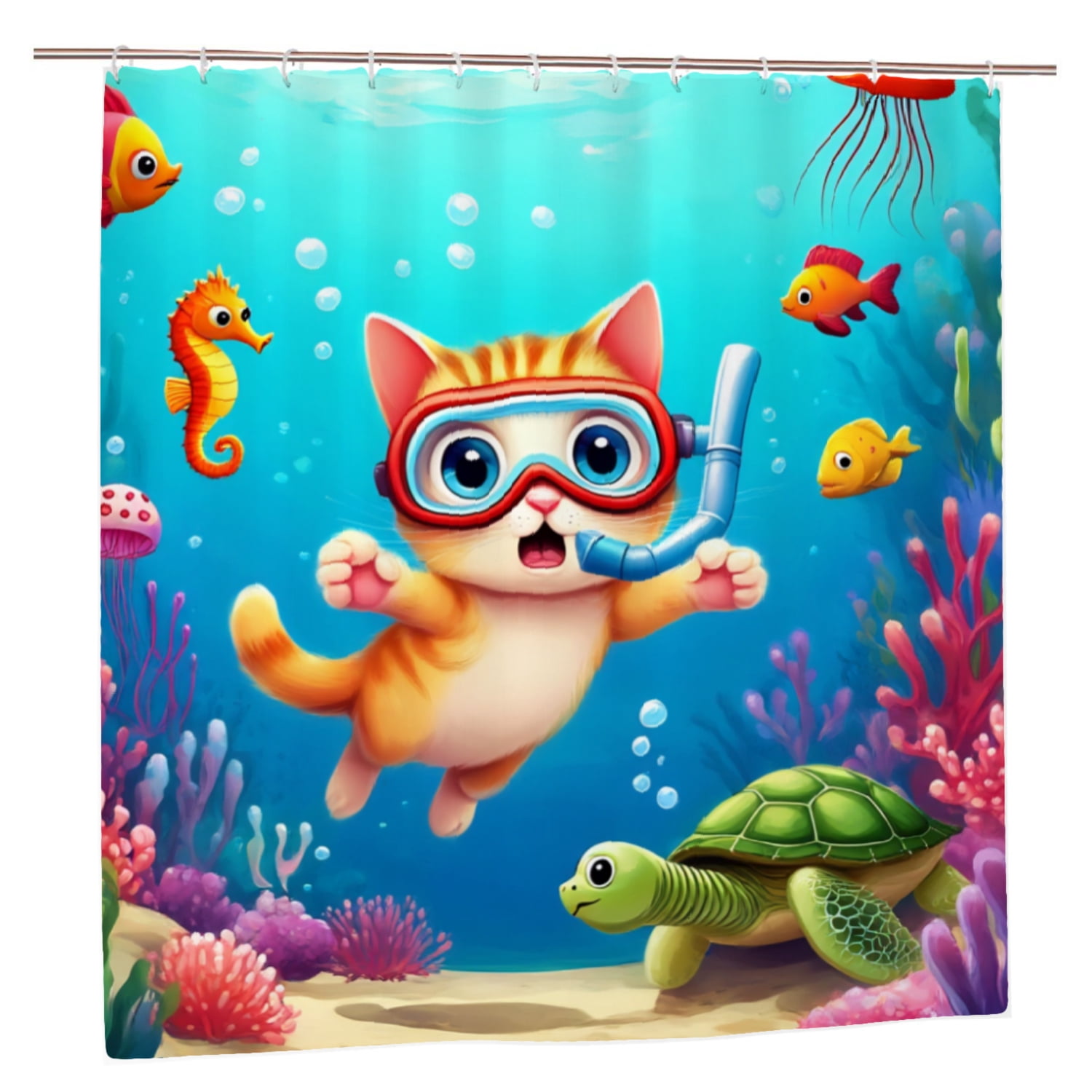 Gelasgo Cute Cat Scuba Diving Polyester Shower Curtain for Home ...