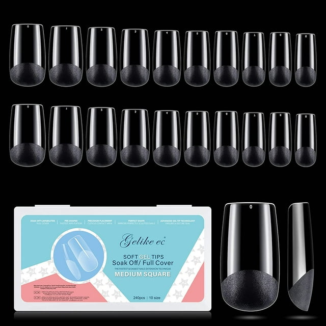 Gelike Ec 240pcs Clear Medium Square Gel Full Cover Fake Nails Soak